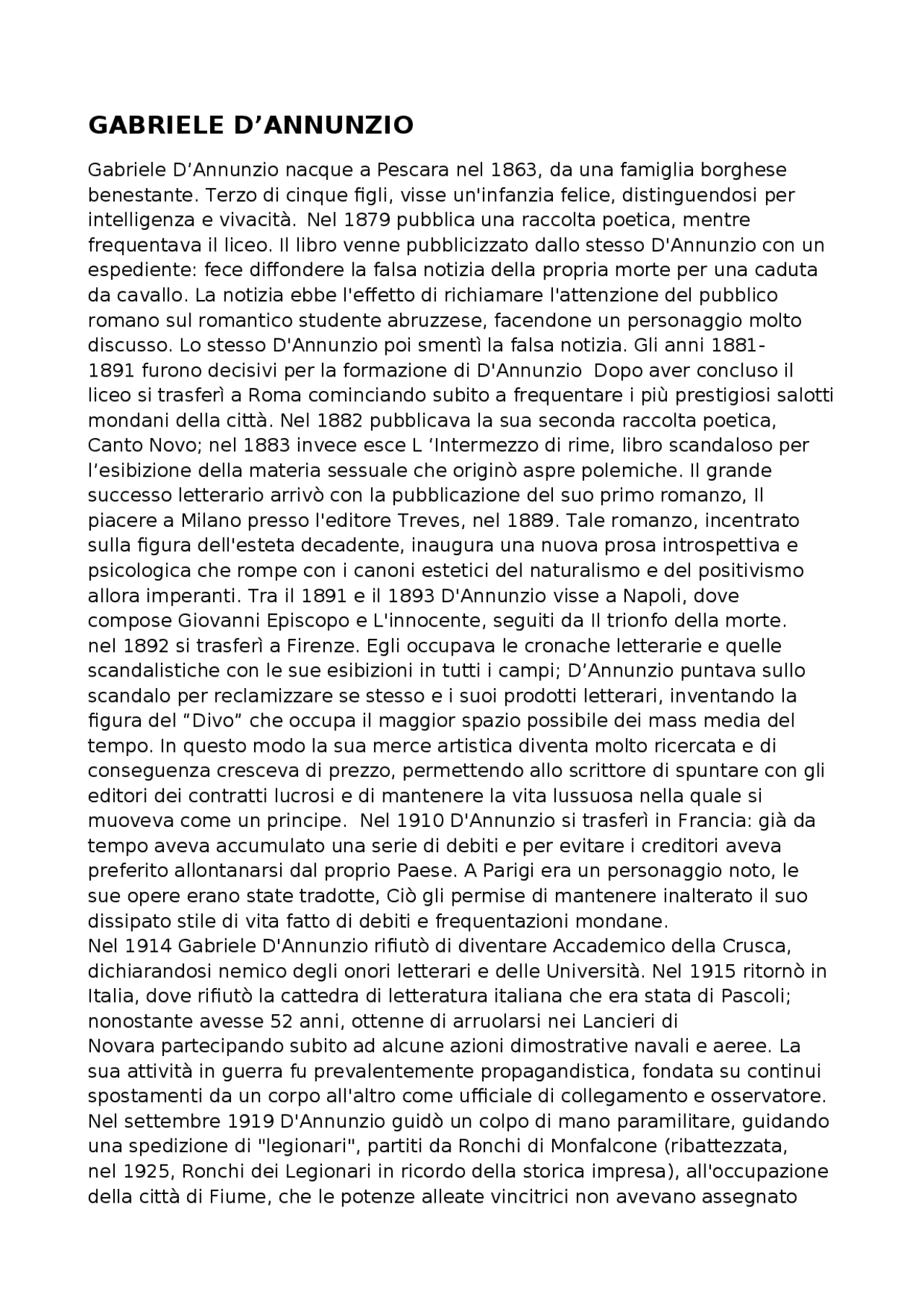 Riassunto Sintetico Gabriele Dannunzio Docsity