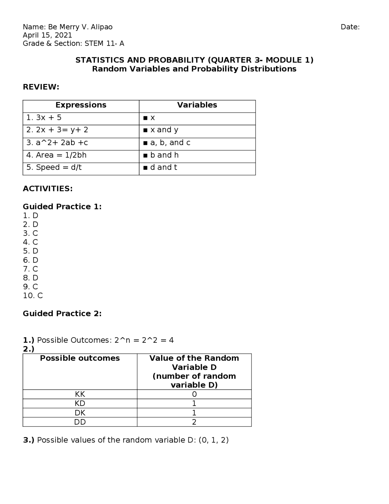 Stats & Probability Q3 - Module 1: Random Variables & Distributions | Exercises Mathematics ...