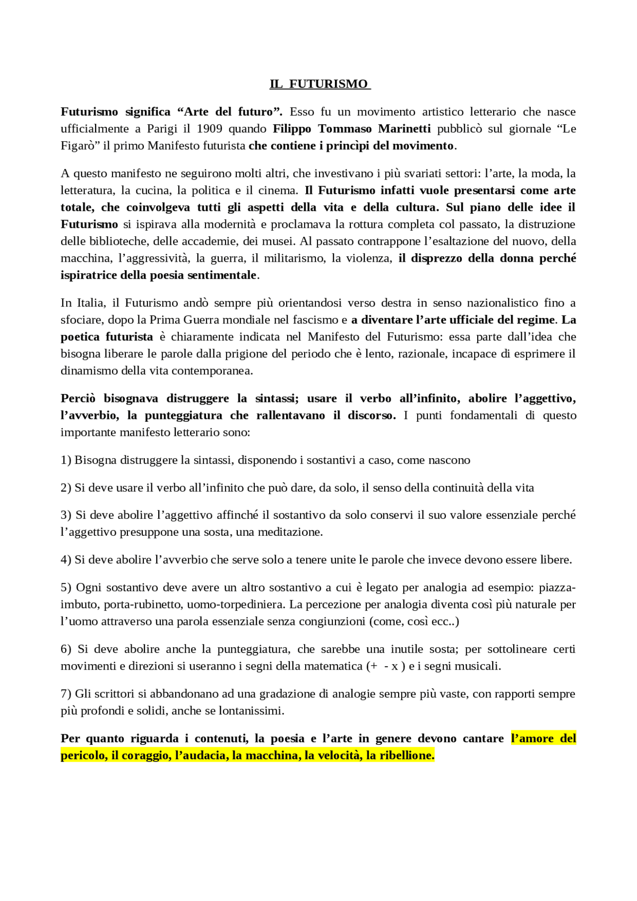 Riassunto Del Futurismo In Breve Docsity