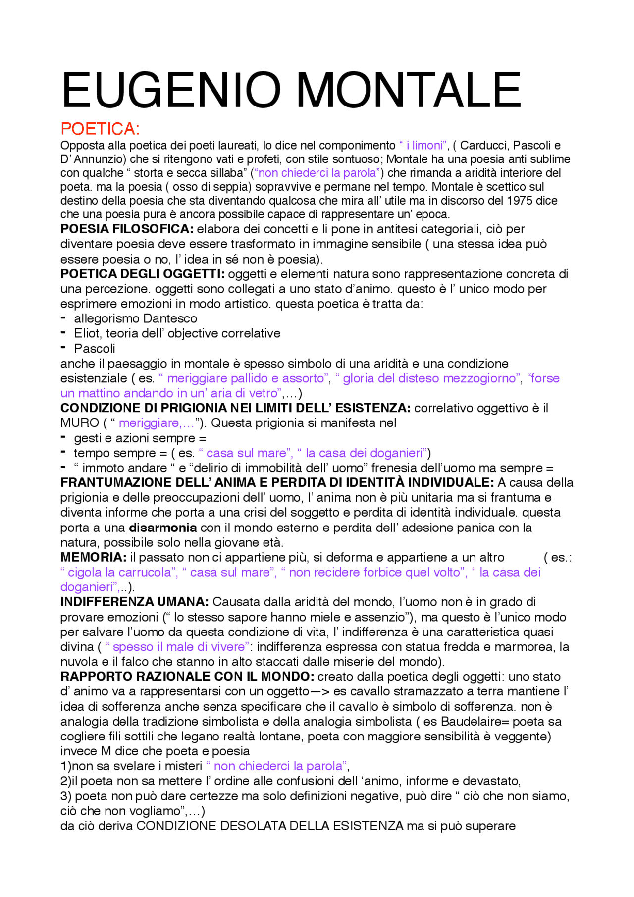 Schema Riassuntivo Montale Docsity