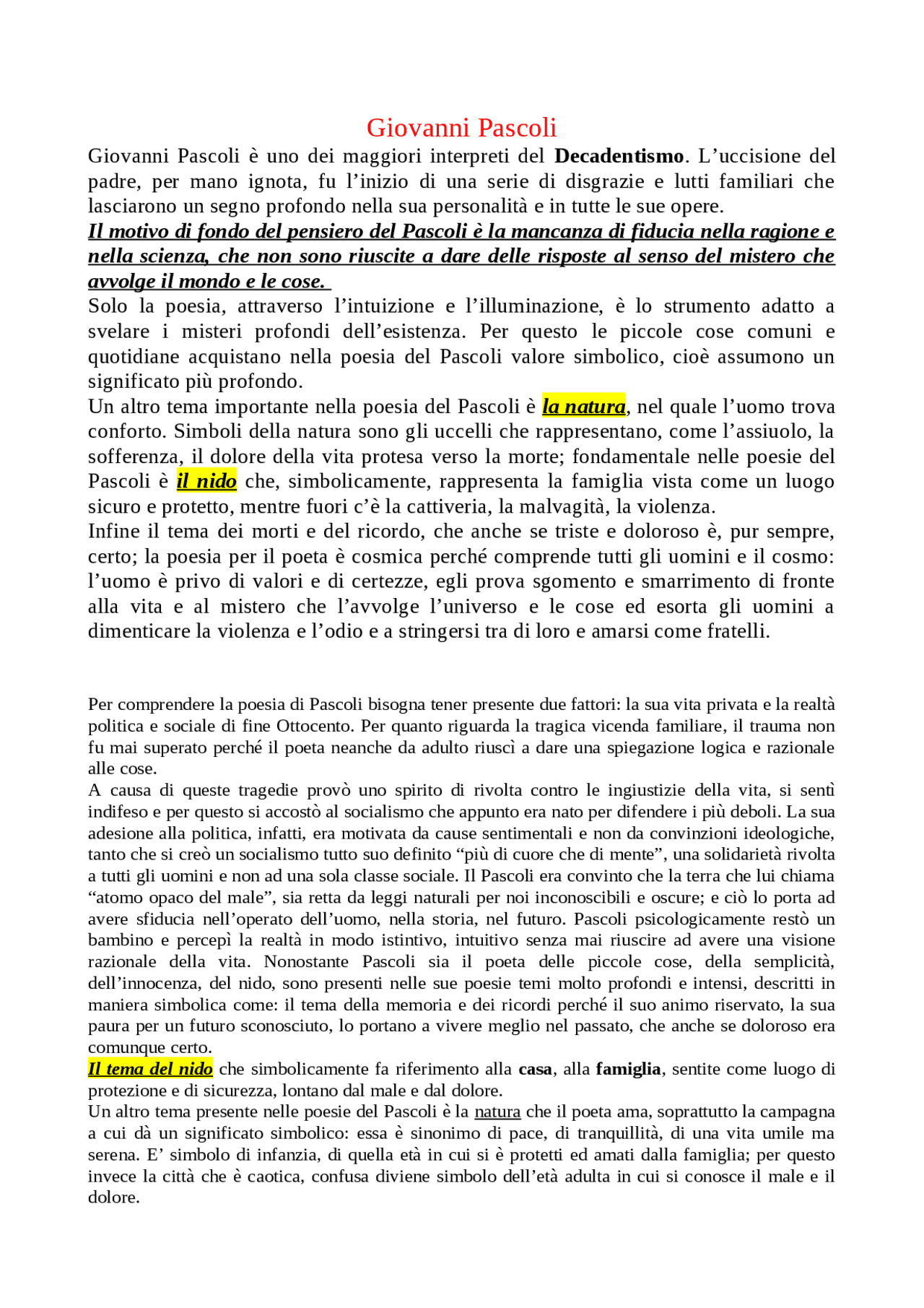 Giovanni Pascoli Sintesi Docsity