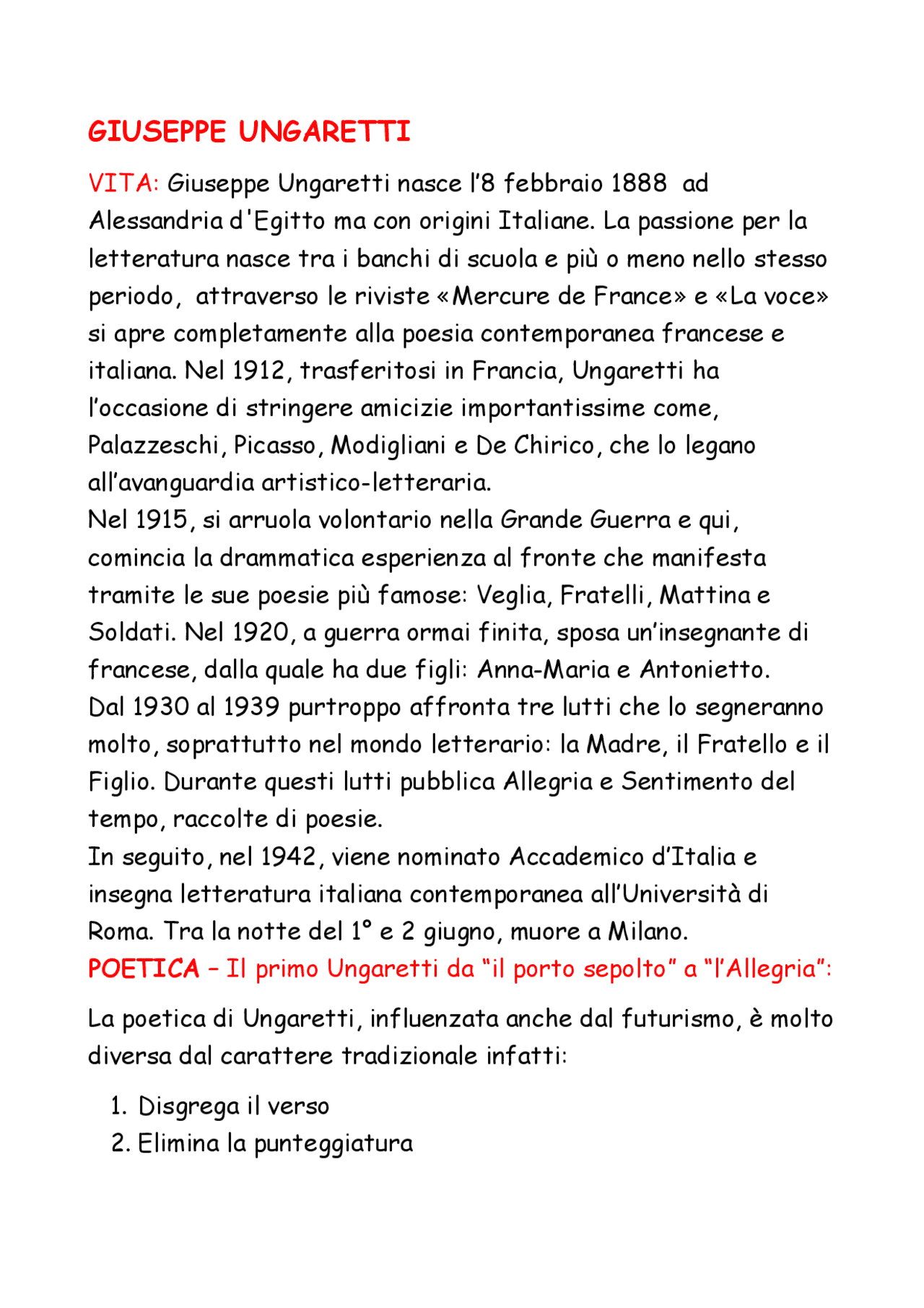 Giuseppe Ungaretti Vita E Poetica Docsity