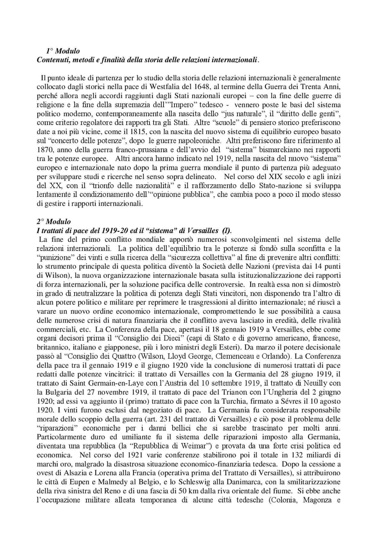 Riassunto Storia Delle Relazioni Internazionali Docsity