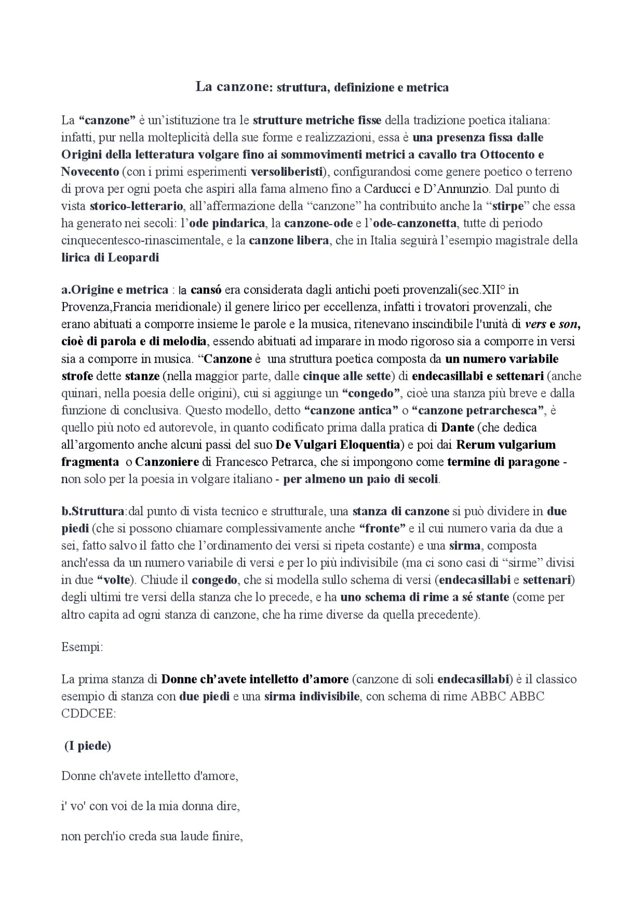 La canzone: struttura, definizione e metrica - Docsity