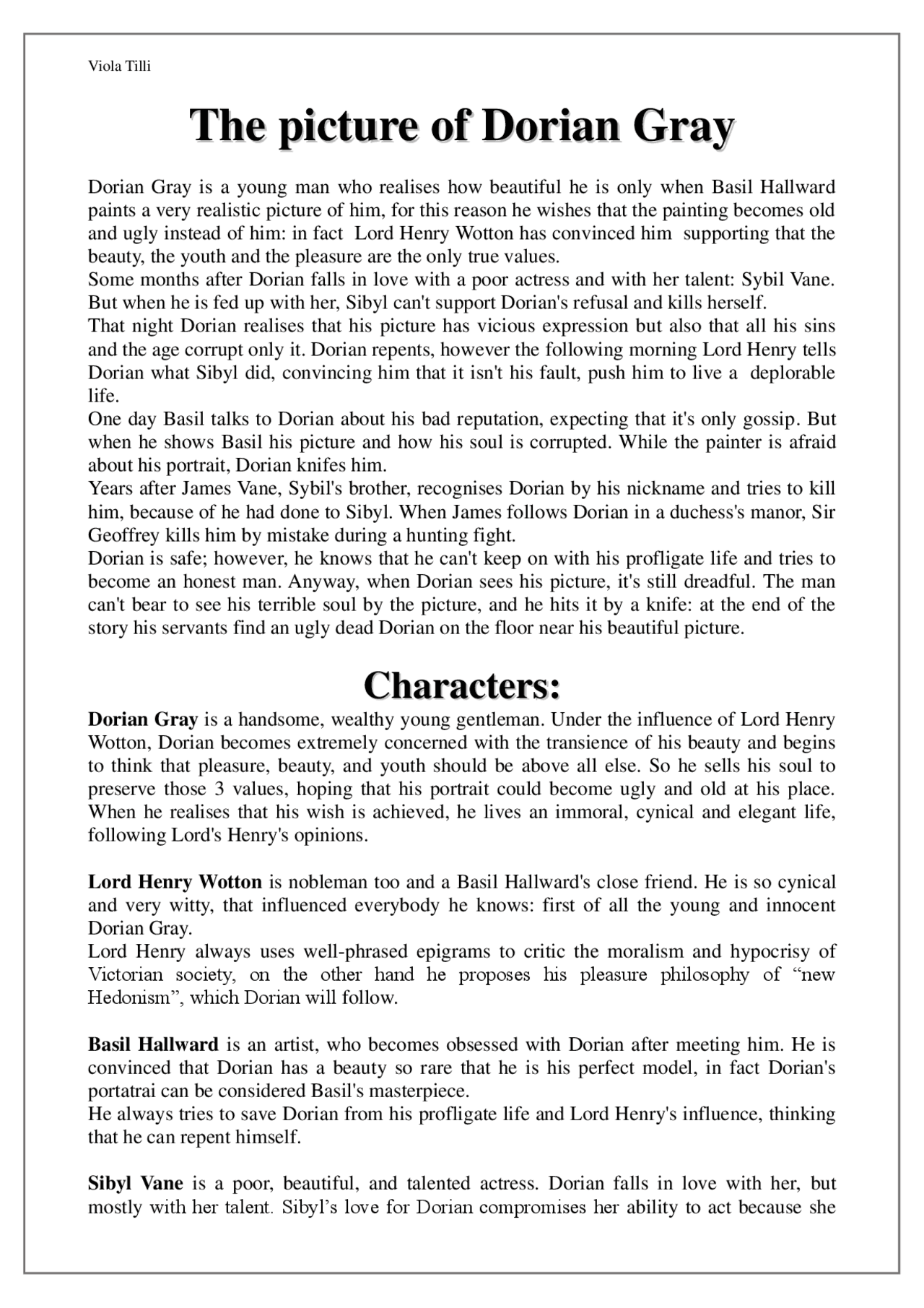 Riassunto E Analisi Del Libro Ritratto Di Dorian Gray In Inglese Docsity
