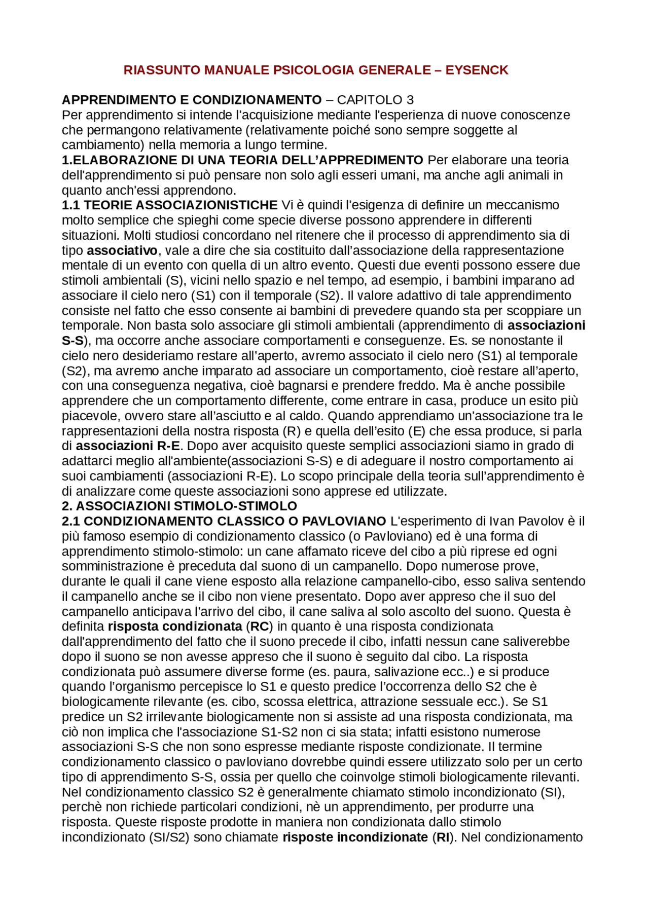 Riassunto Manuale Psicologia Generale Docsity