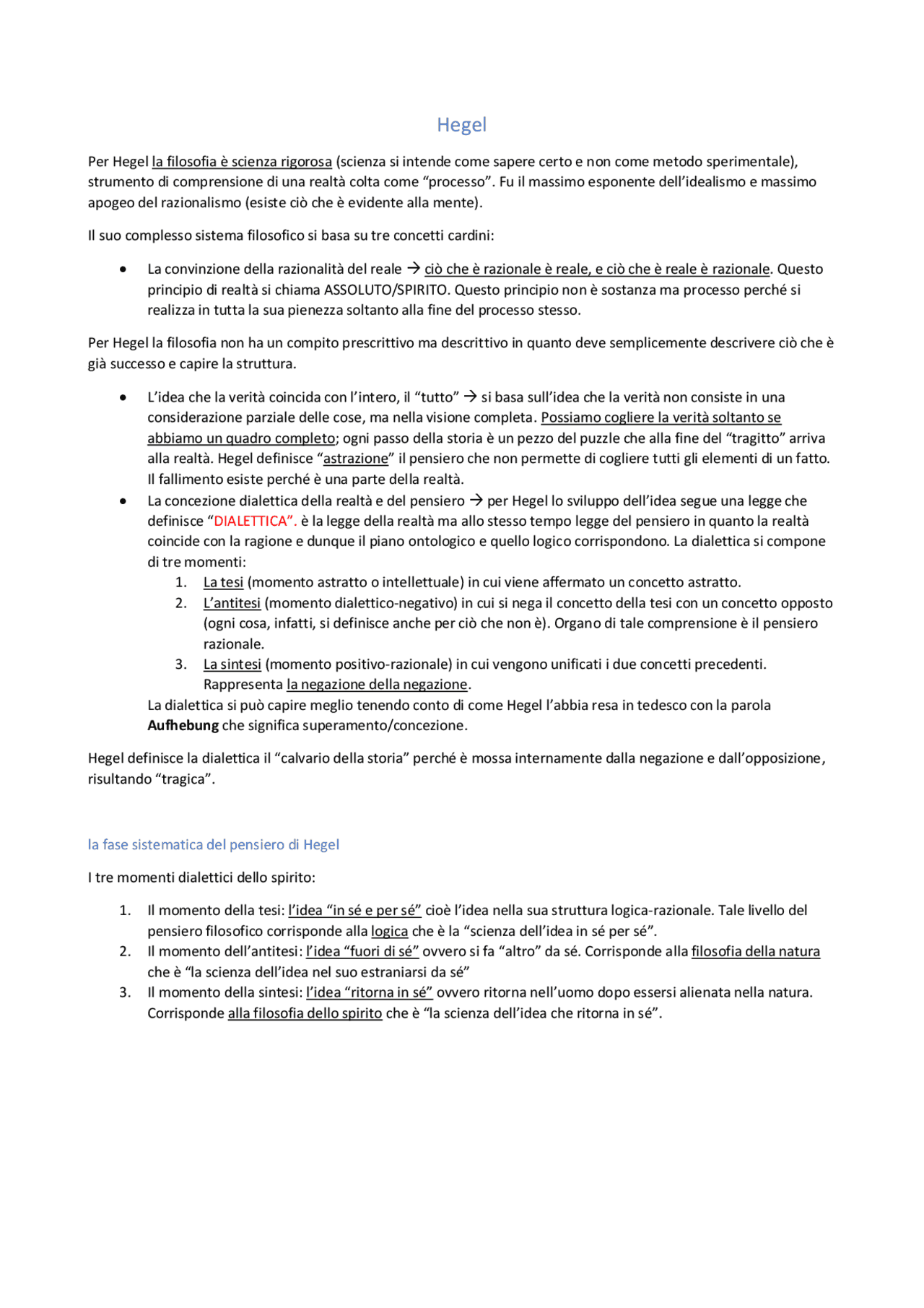 Hegel I Capisaldi Del Pensiero Sintesi Del Corso Di Filosofia Docsity