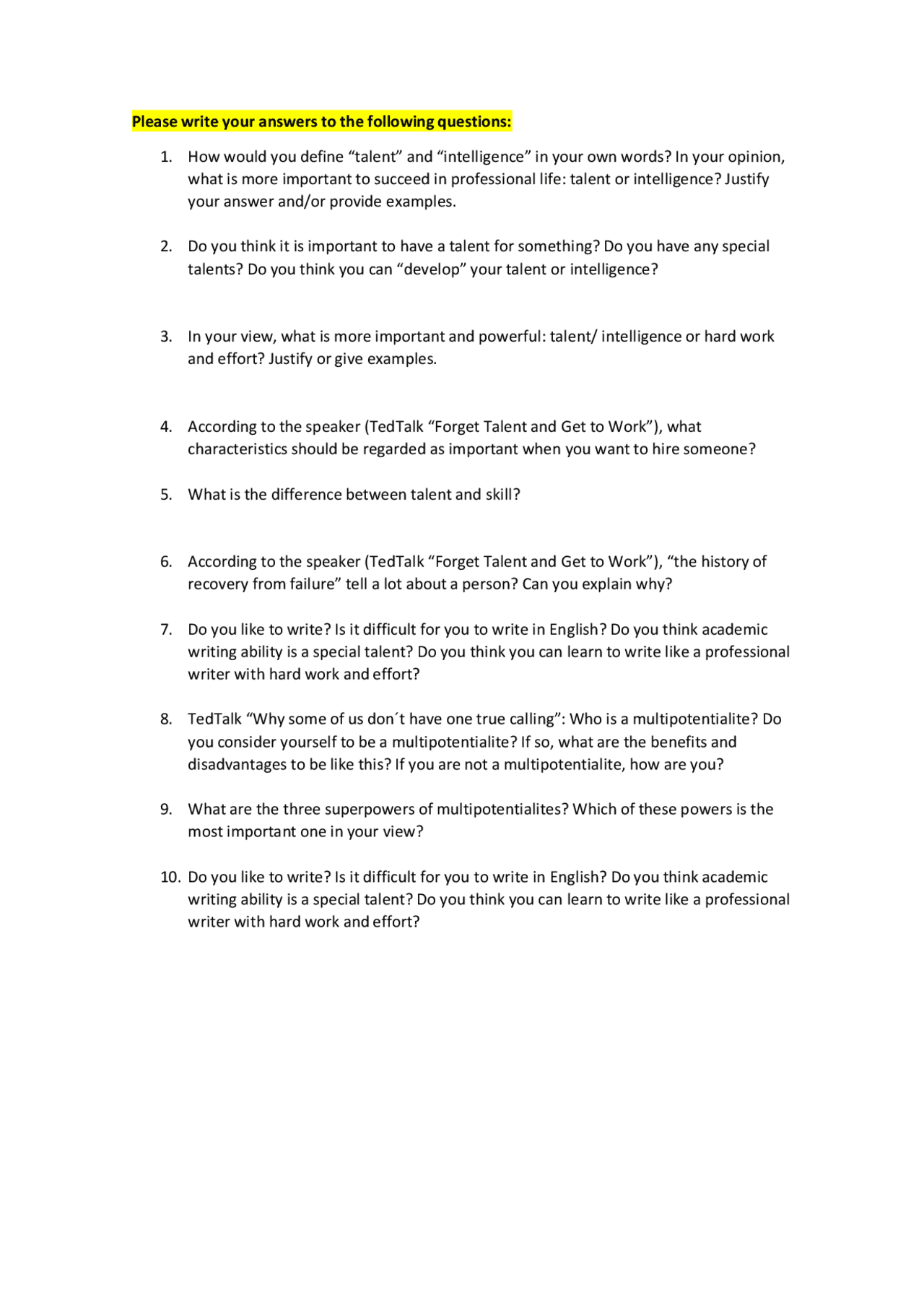 Question On Speaking Activity Docsity