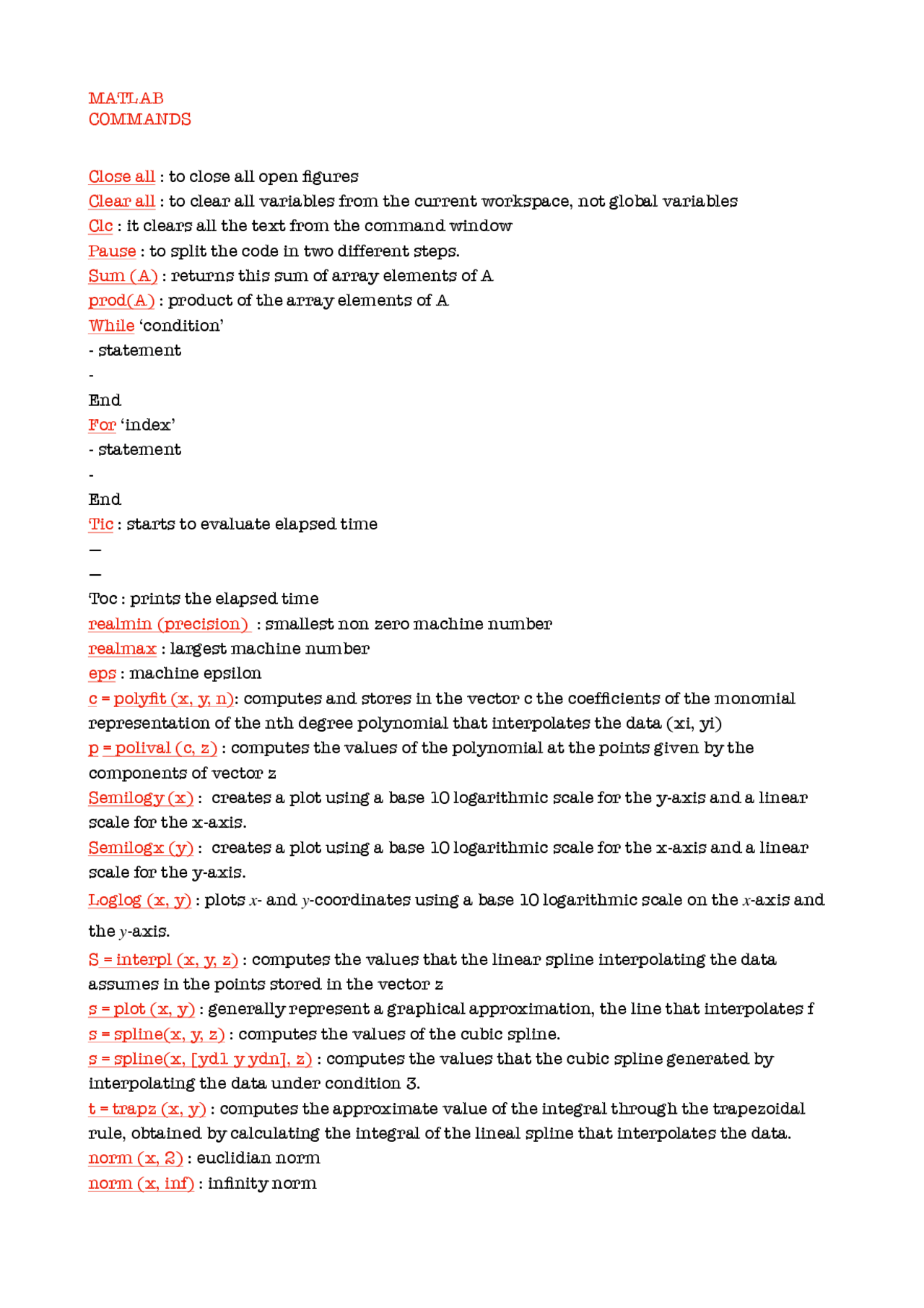 Documento Con I Principali Comandi Matlab Schema Sintetico E