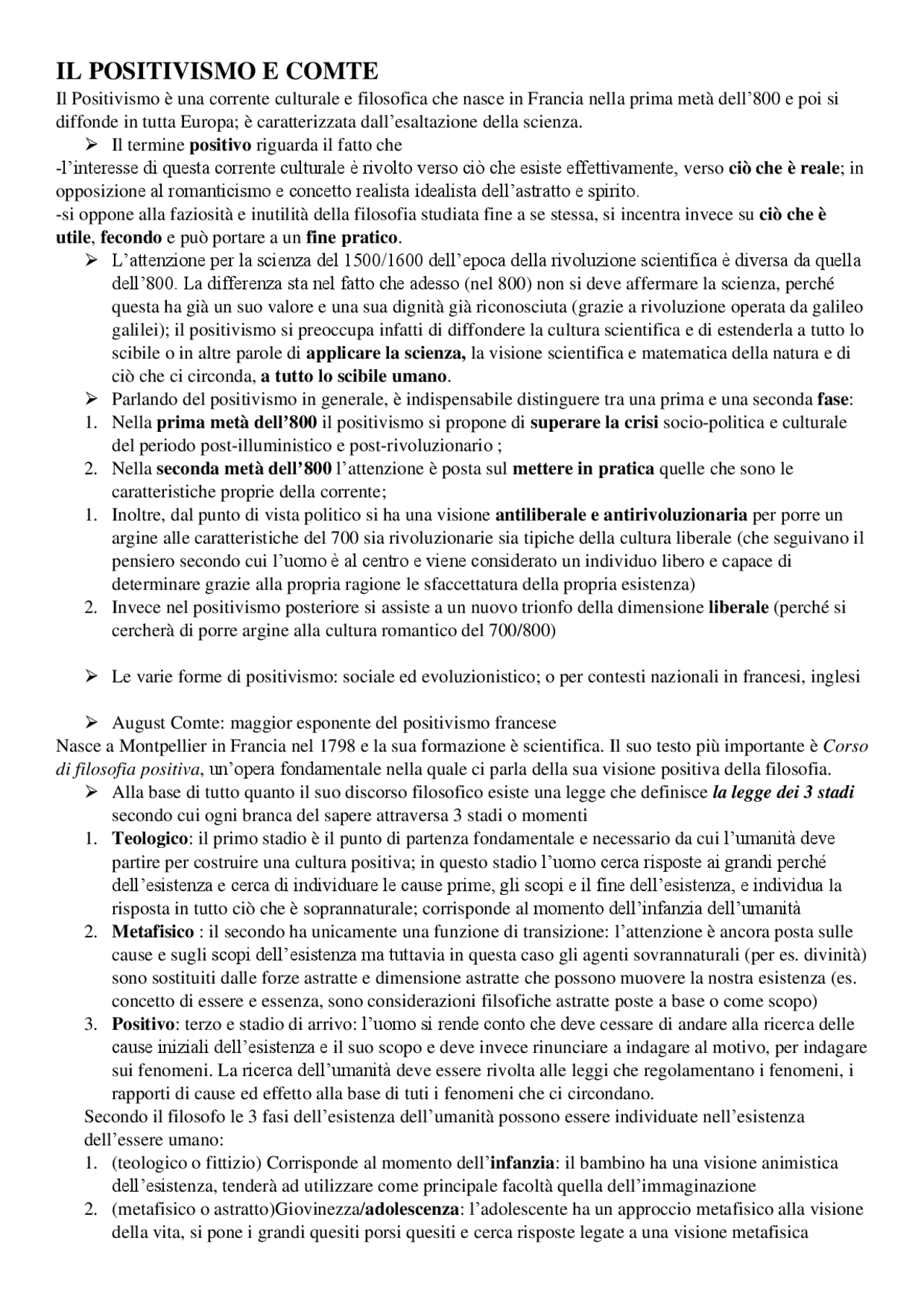 Positivismo E Comte Riassunto Dettagliato Docsity