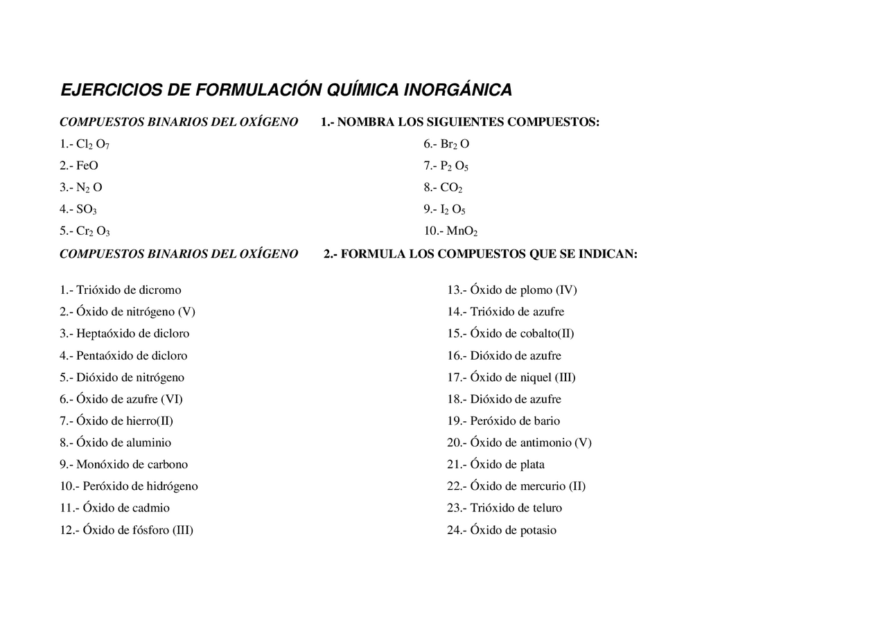 EJERCICIOS DE FORMULACIÓN INORGÁNICA - Docsity
