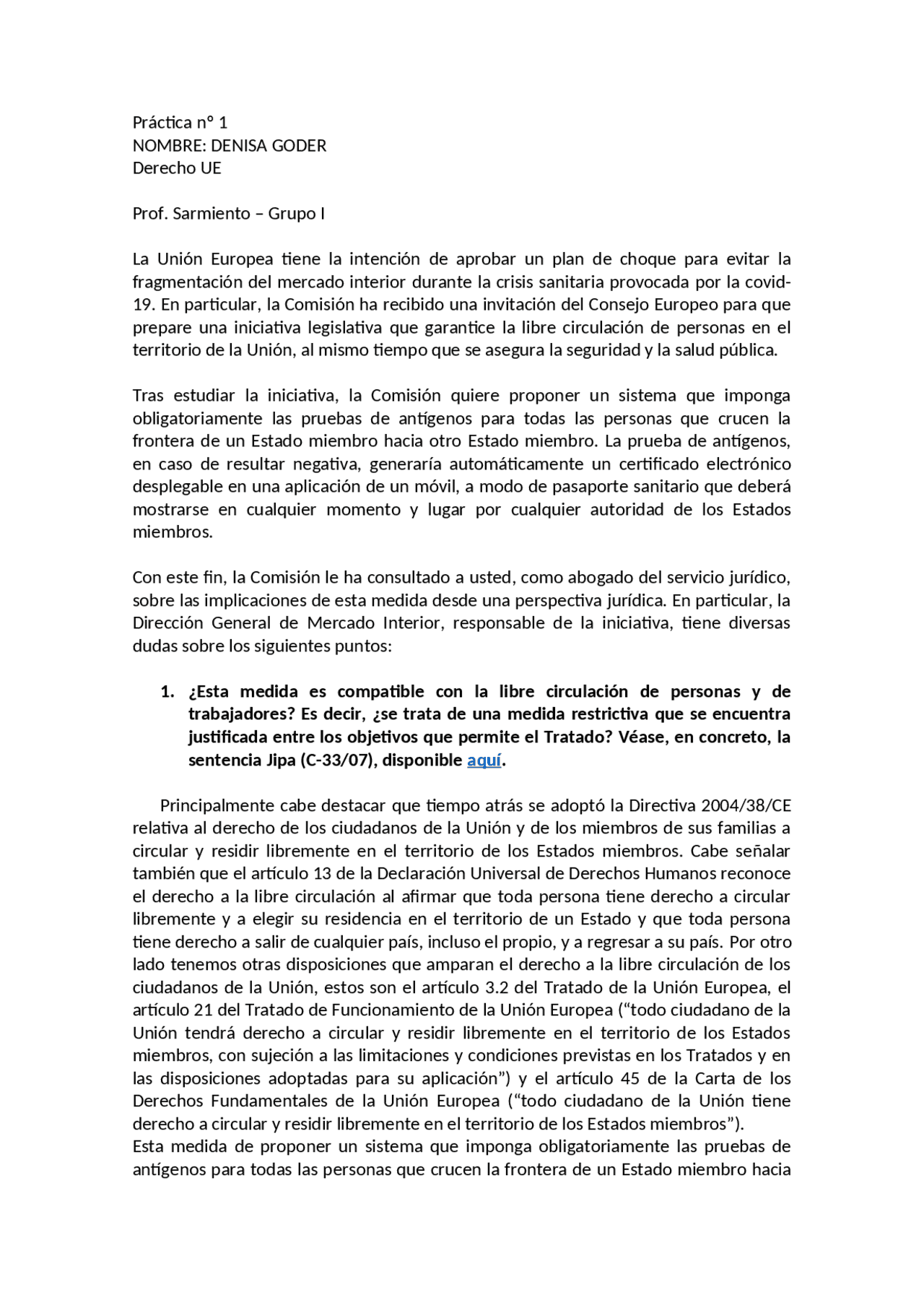 Practica numero 1 derecho comunitario - Docsity