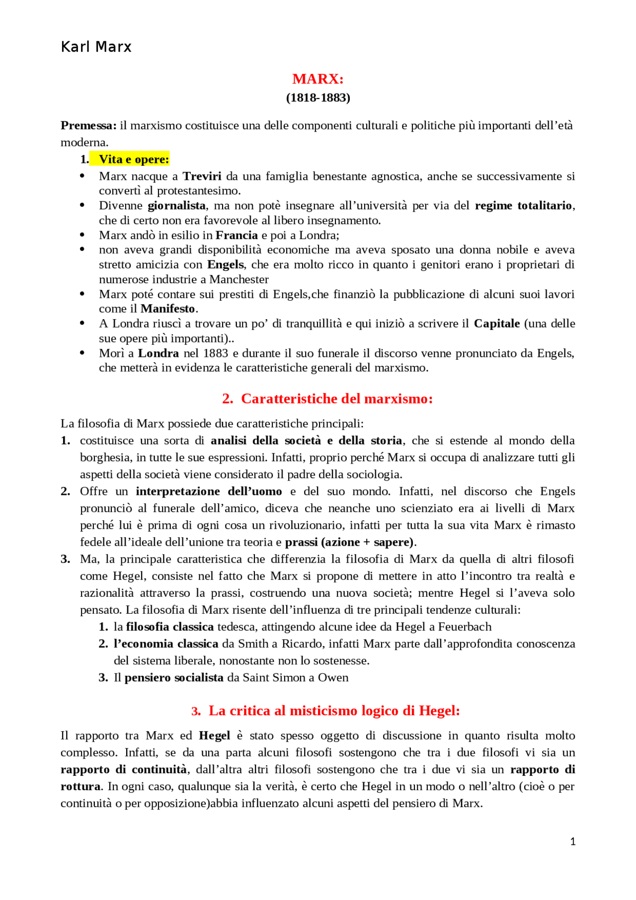 Riassunto Filosofia Marx Docsity