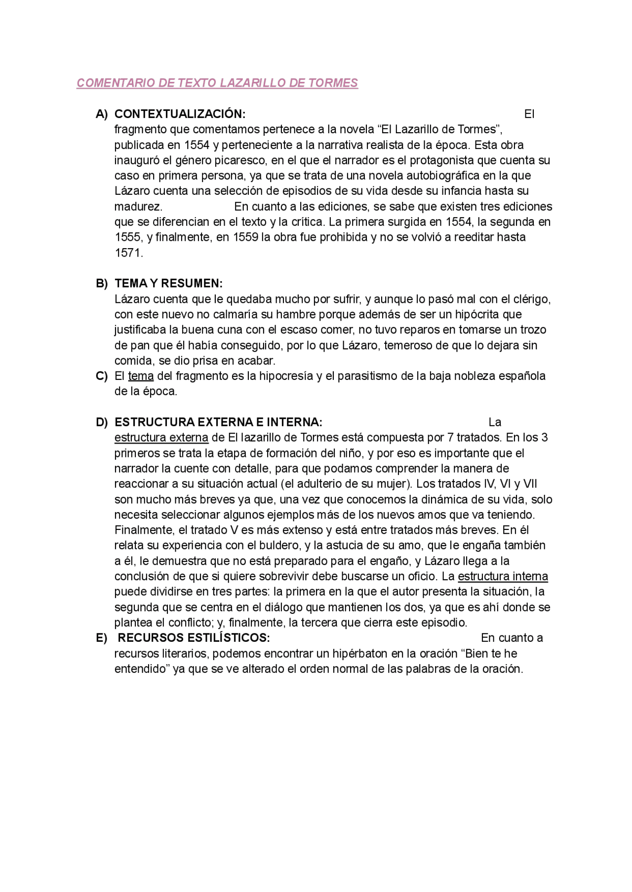 Comentario de texto Lazarillo de Tormes 1BACH - Docsity