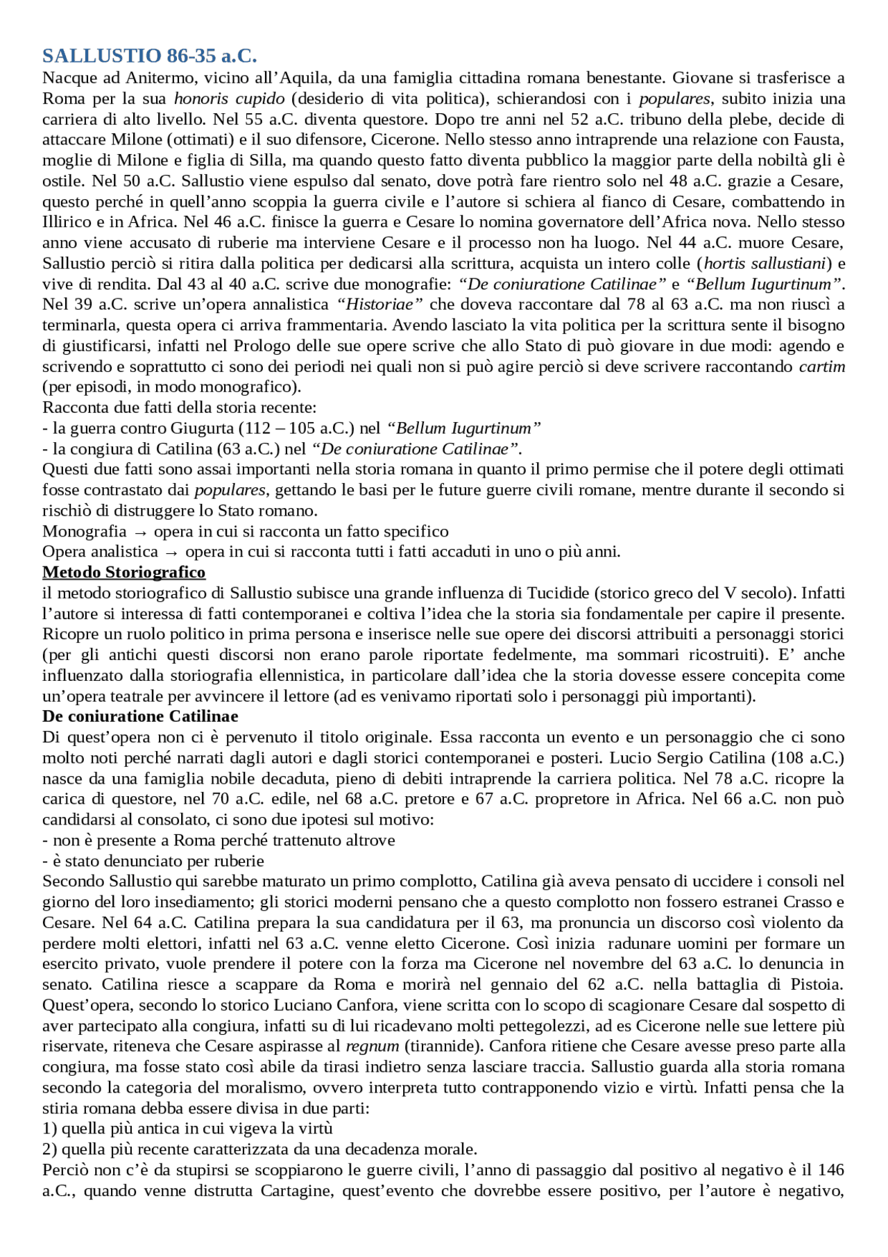 Vita E Opere Di Sallustio Docsity