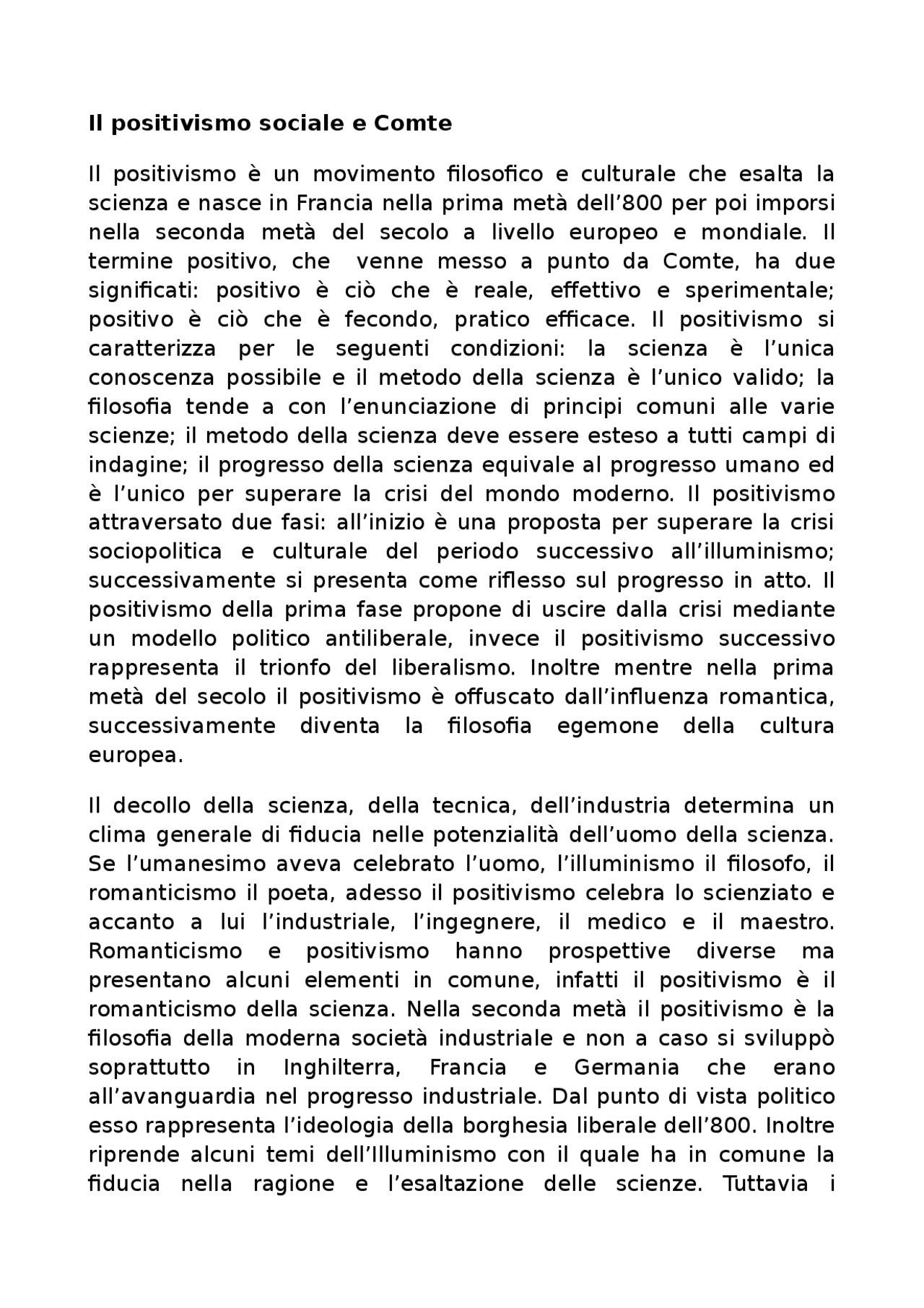 Comte E Il Positivismo Riassunto Docsity