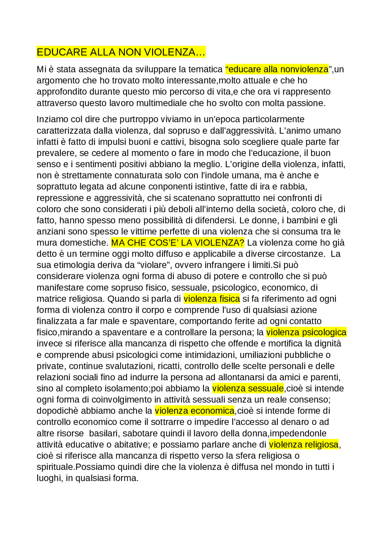 Educare Alla Non Violenza Docsity