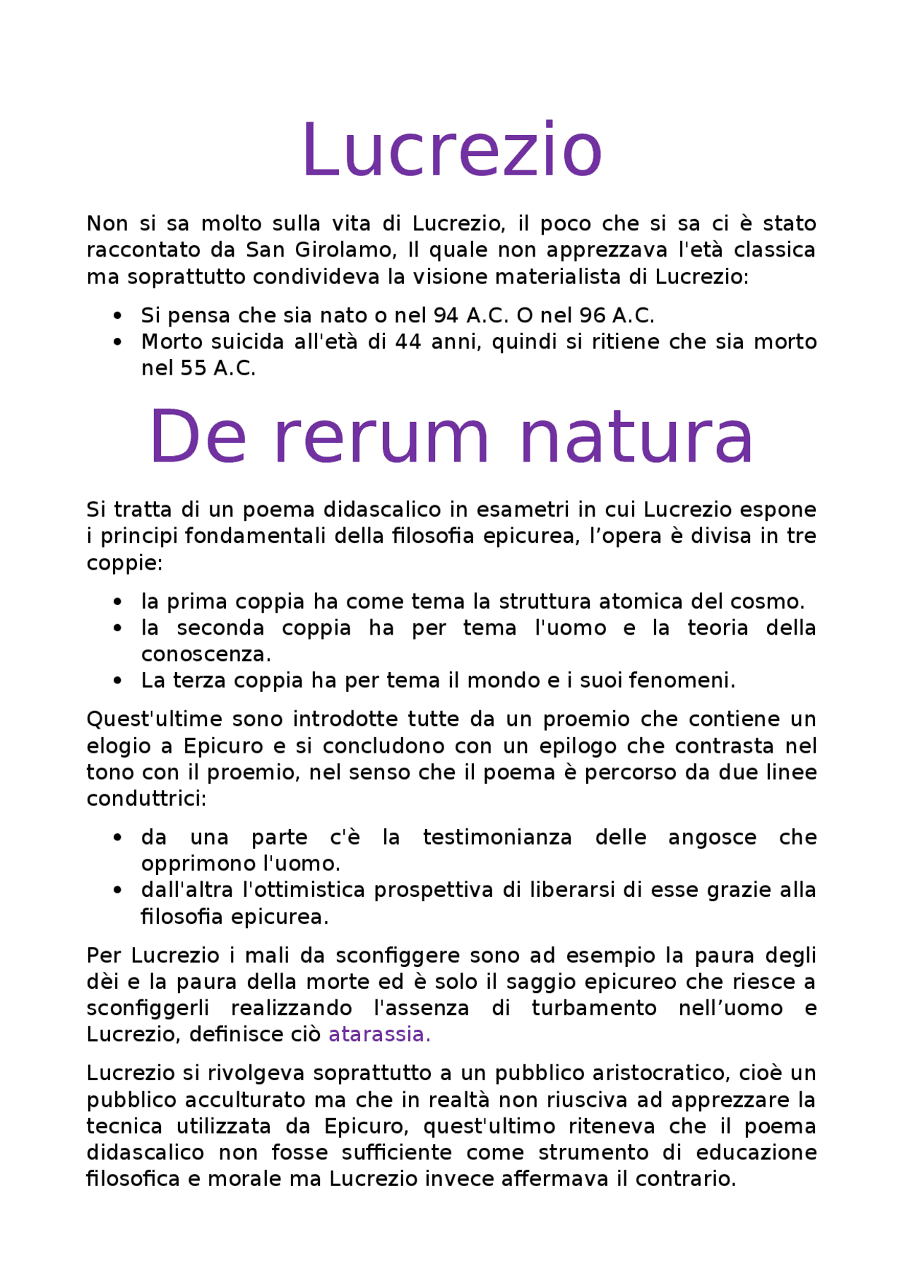 Riassunto Di Lucrezio E Della Sua Opera De Rerum Natura Docsity