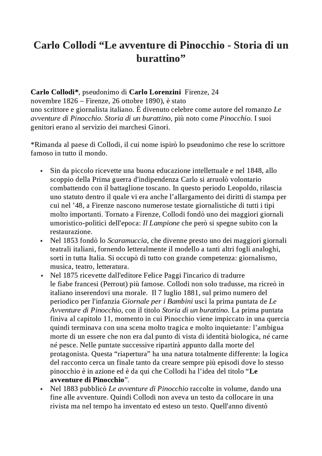 Pinocchio Da Collodi A Manganelli Docsity