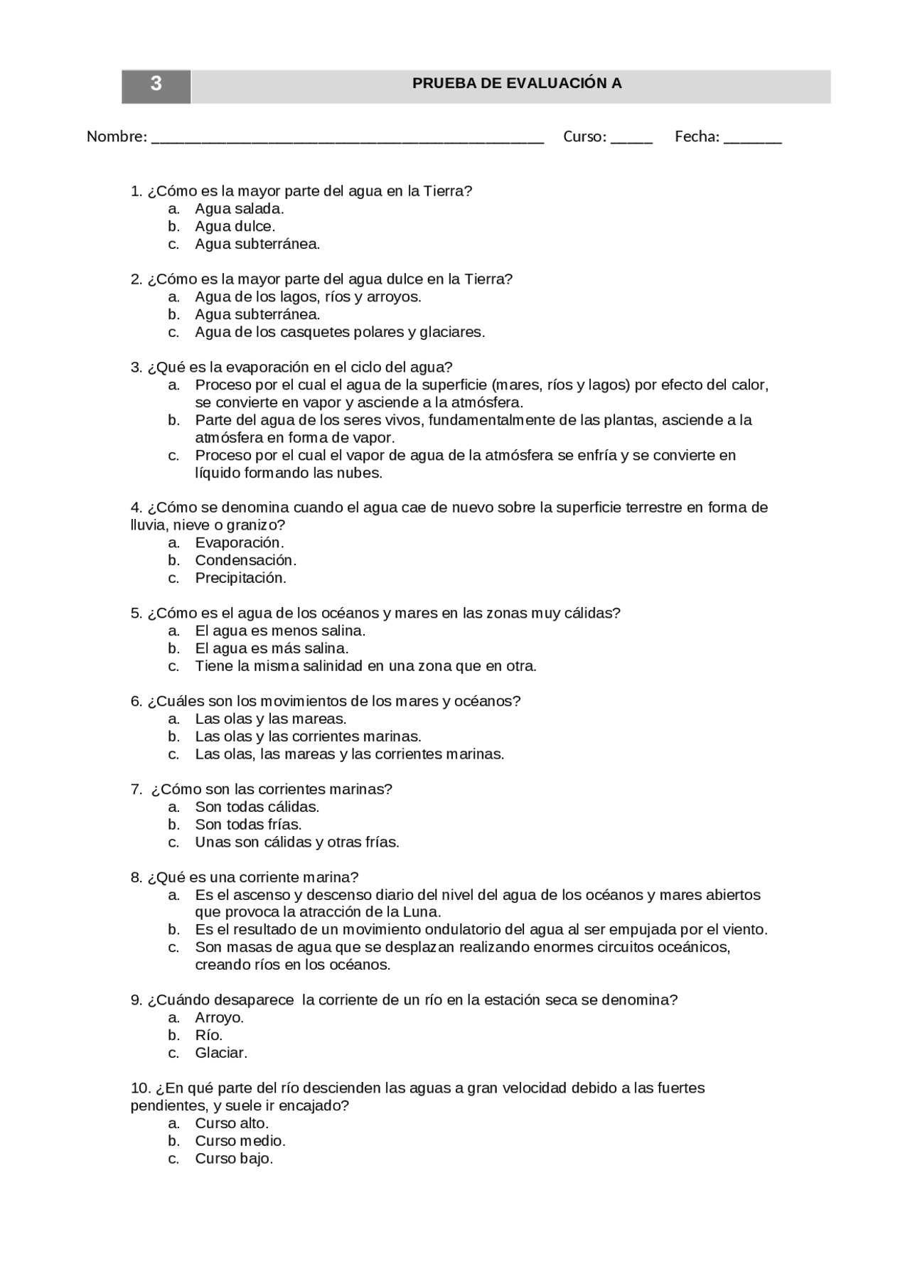 Examen de Geografía 1º Eso. El agua y la tierra. | Exámenes de ...