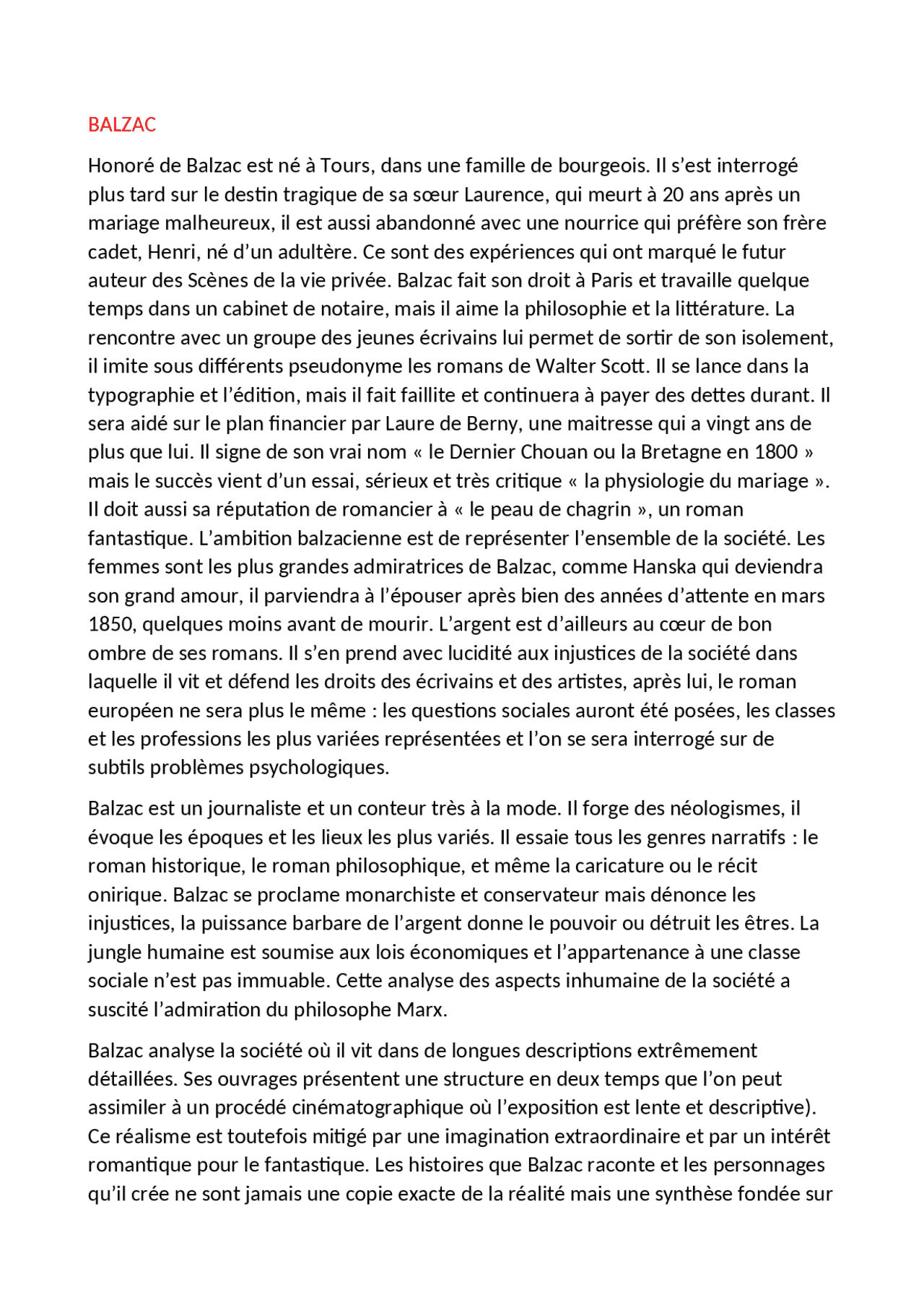 Vita E Opere Di Balzac Docsity