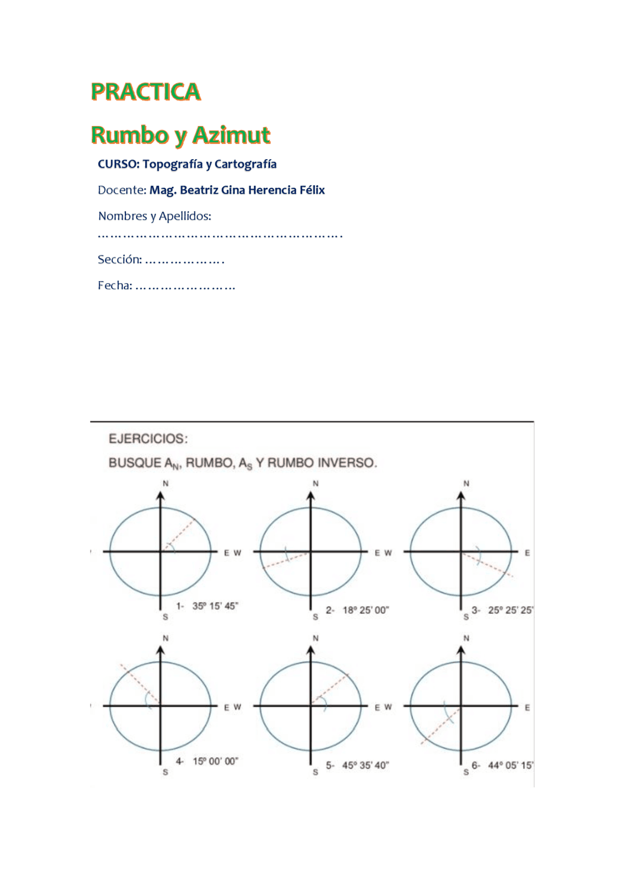 Ejercicios de Rumbo y azimut | Ejercicios de Topografía | Docsity
