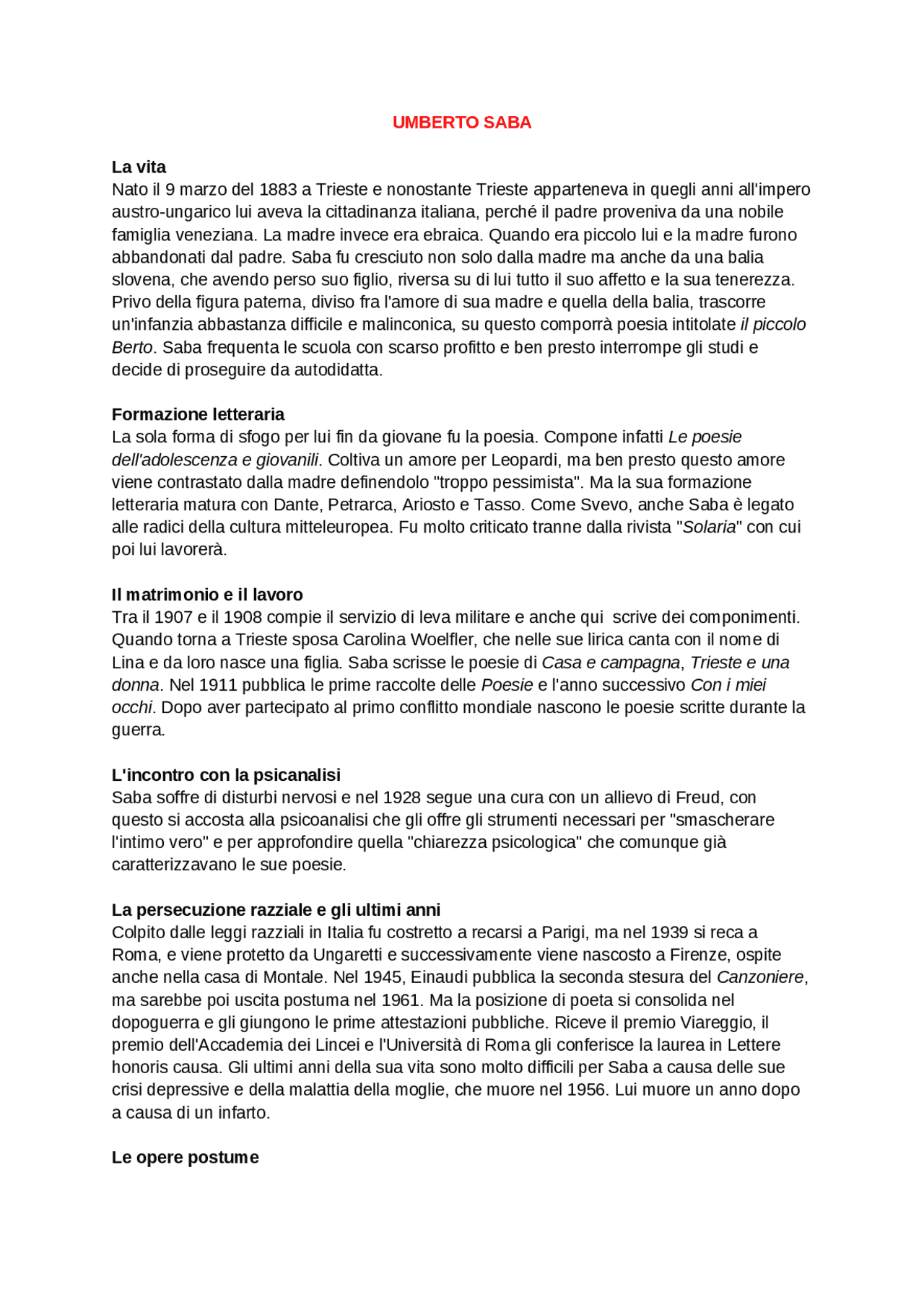 Riassunto Vita E Opere Di Saba Docsity