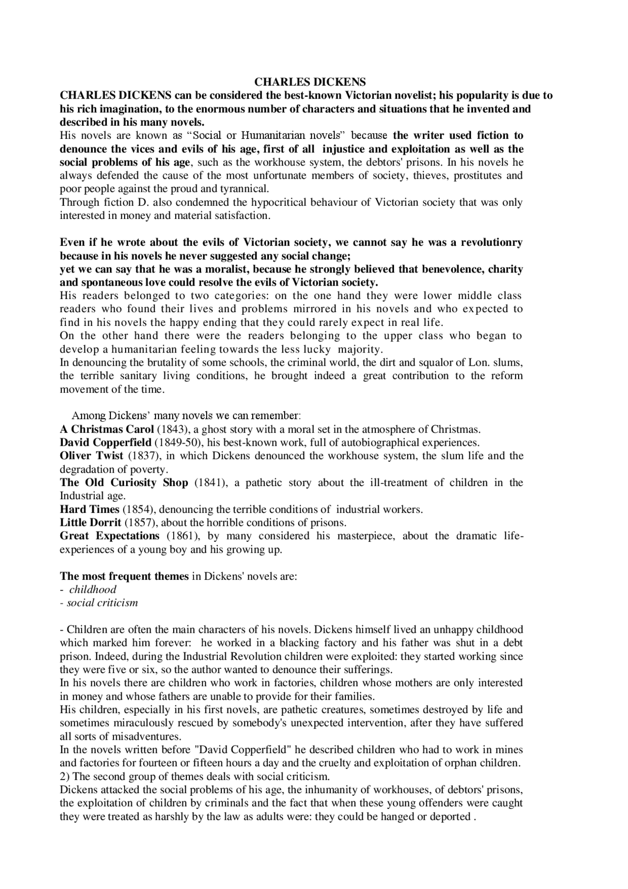 Charles Dickens Brief Notes Docsity