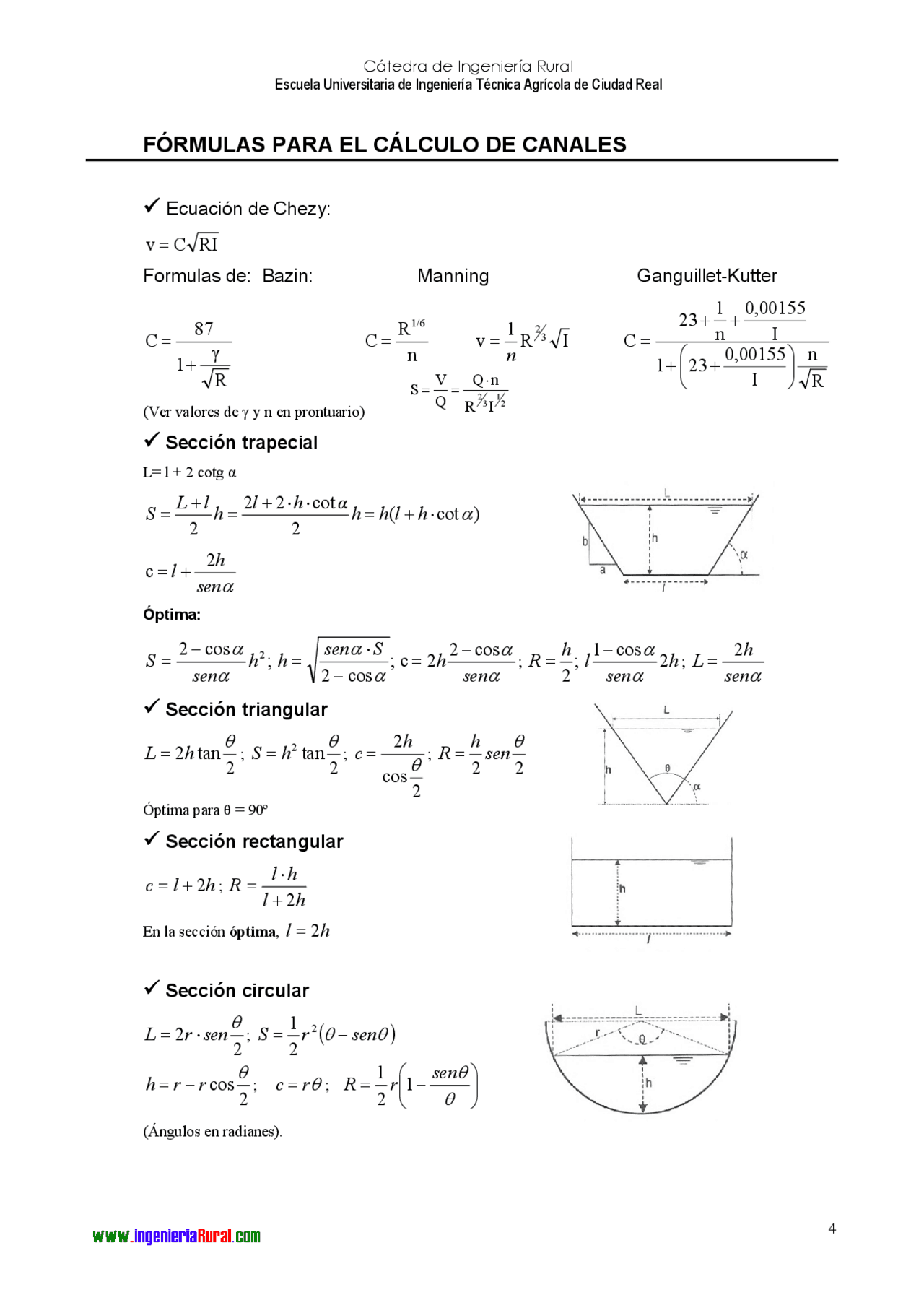 Fórmulas cálculo canales: Chezy, Bazin, Manning, Ganguillet-Kutter y ...