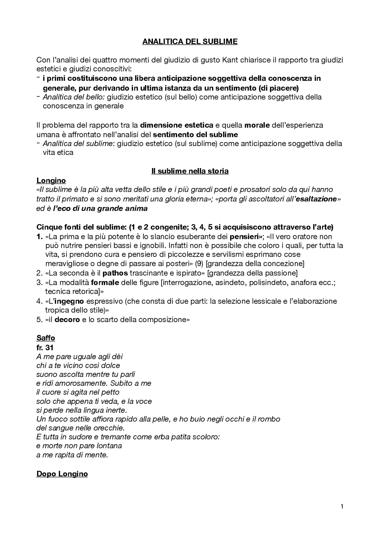 Appunti Analitica Del Sublime Di Kant Docsity