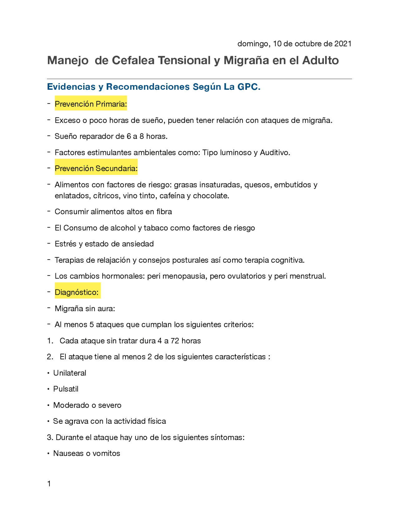 Tratamiento Y Diagnostico De Cefaleas Docsity