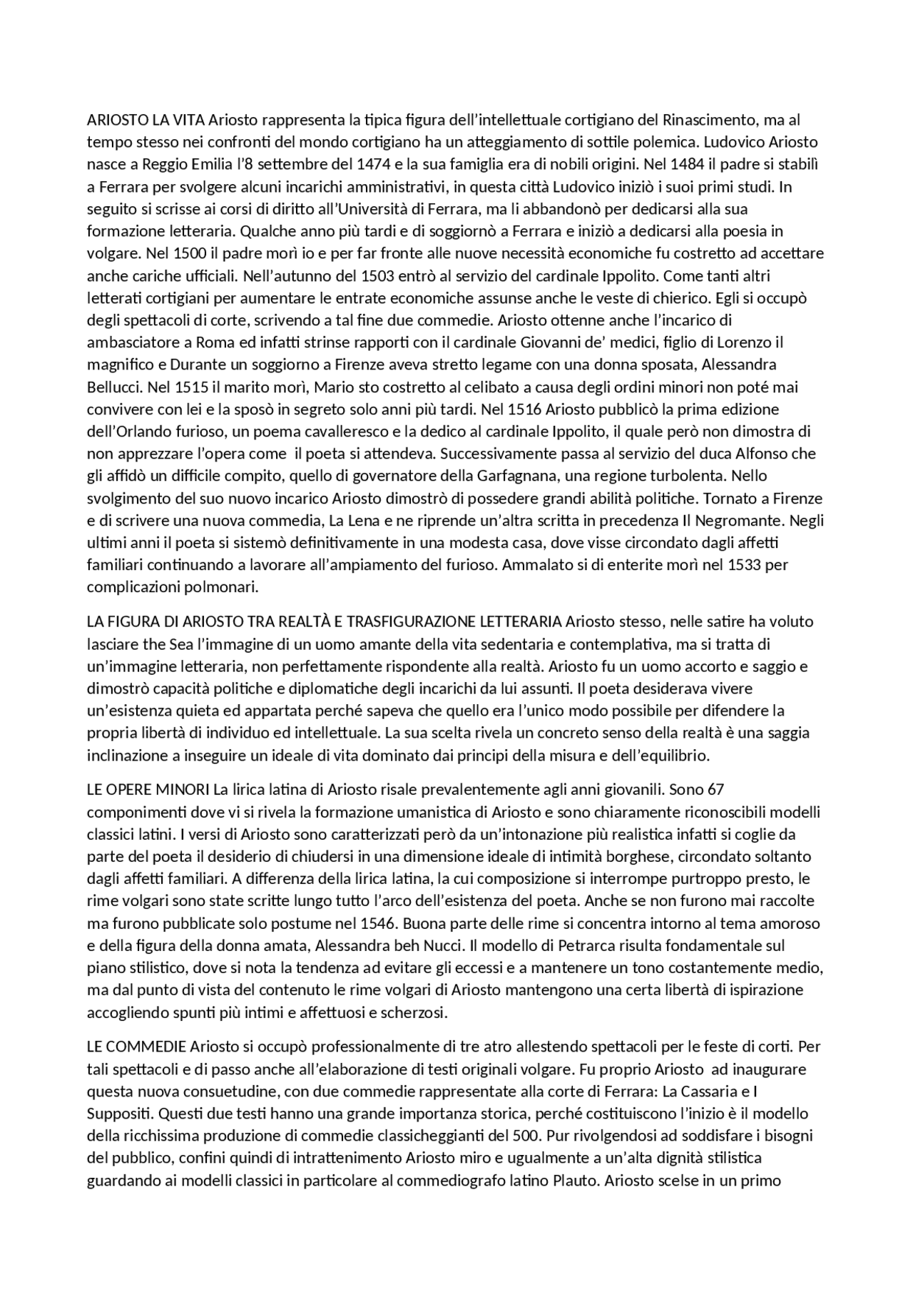 Ariosto Ariosto Sintesi Docsity