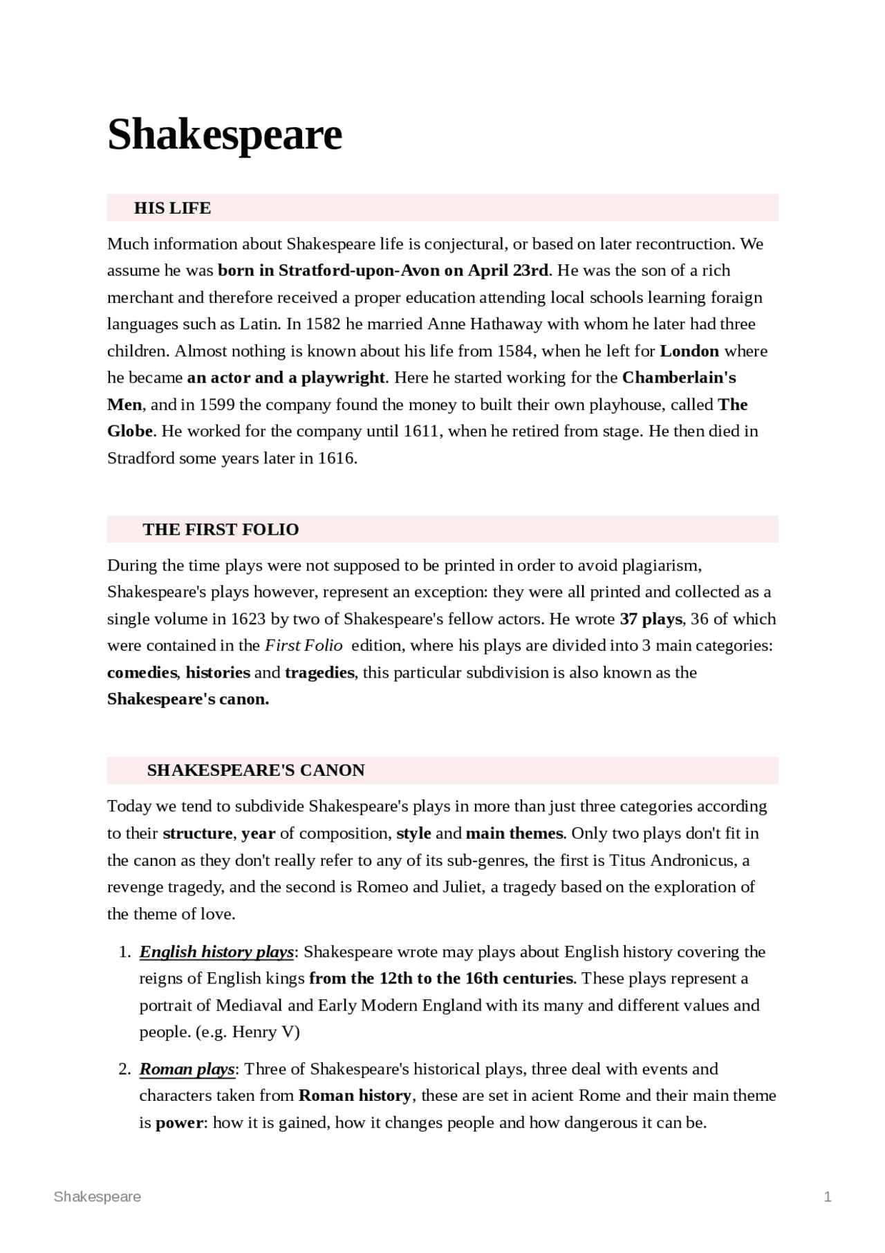 Shakespeare summaries, including some of his plays - Docsity
