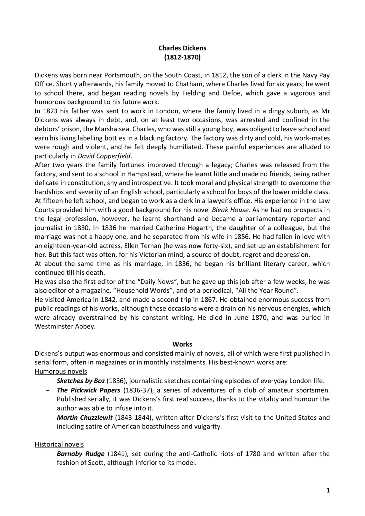 Charles Dickens Life And Works Docsity