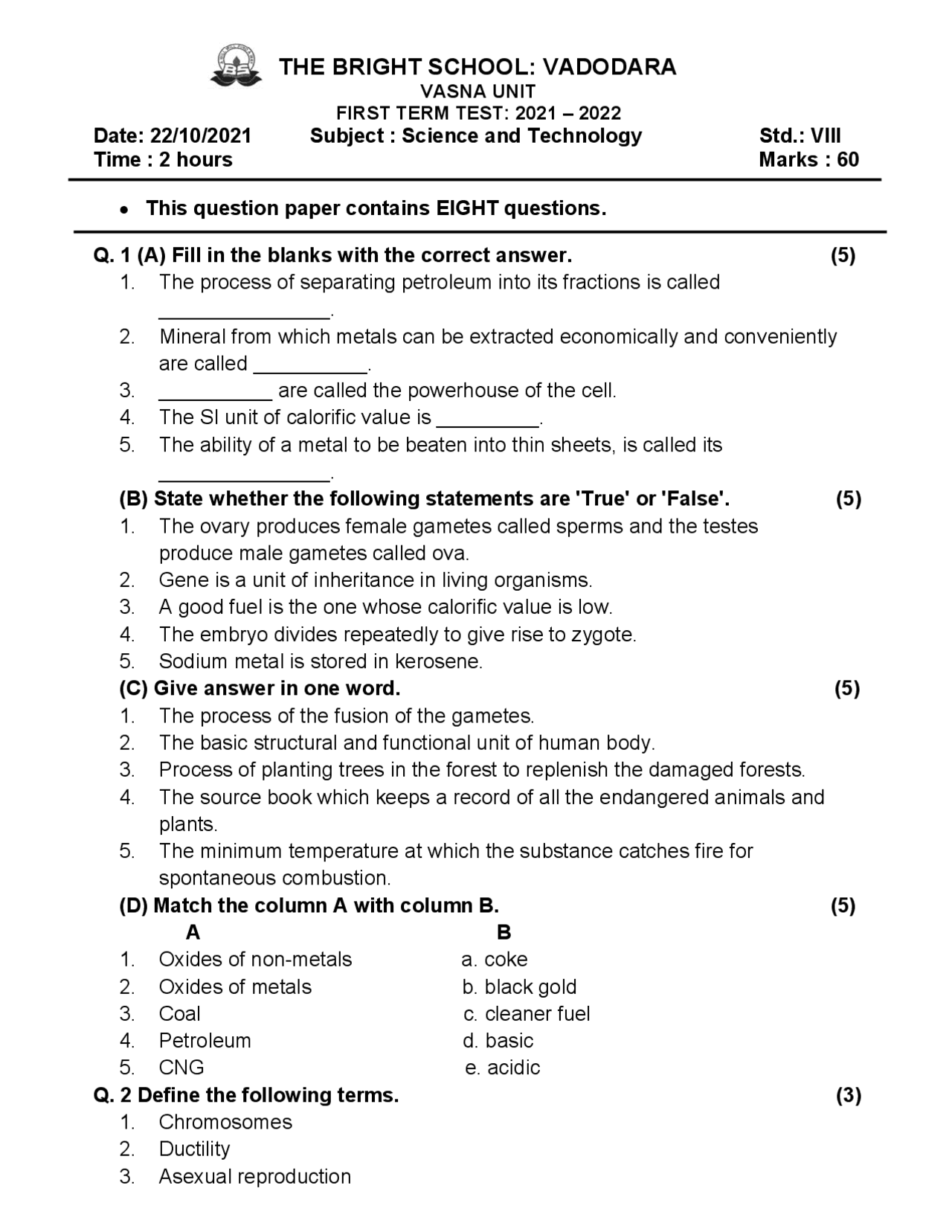 Science Exam Paper 2021 Docsity