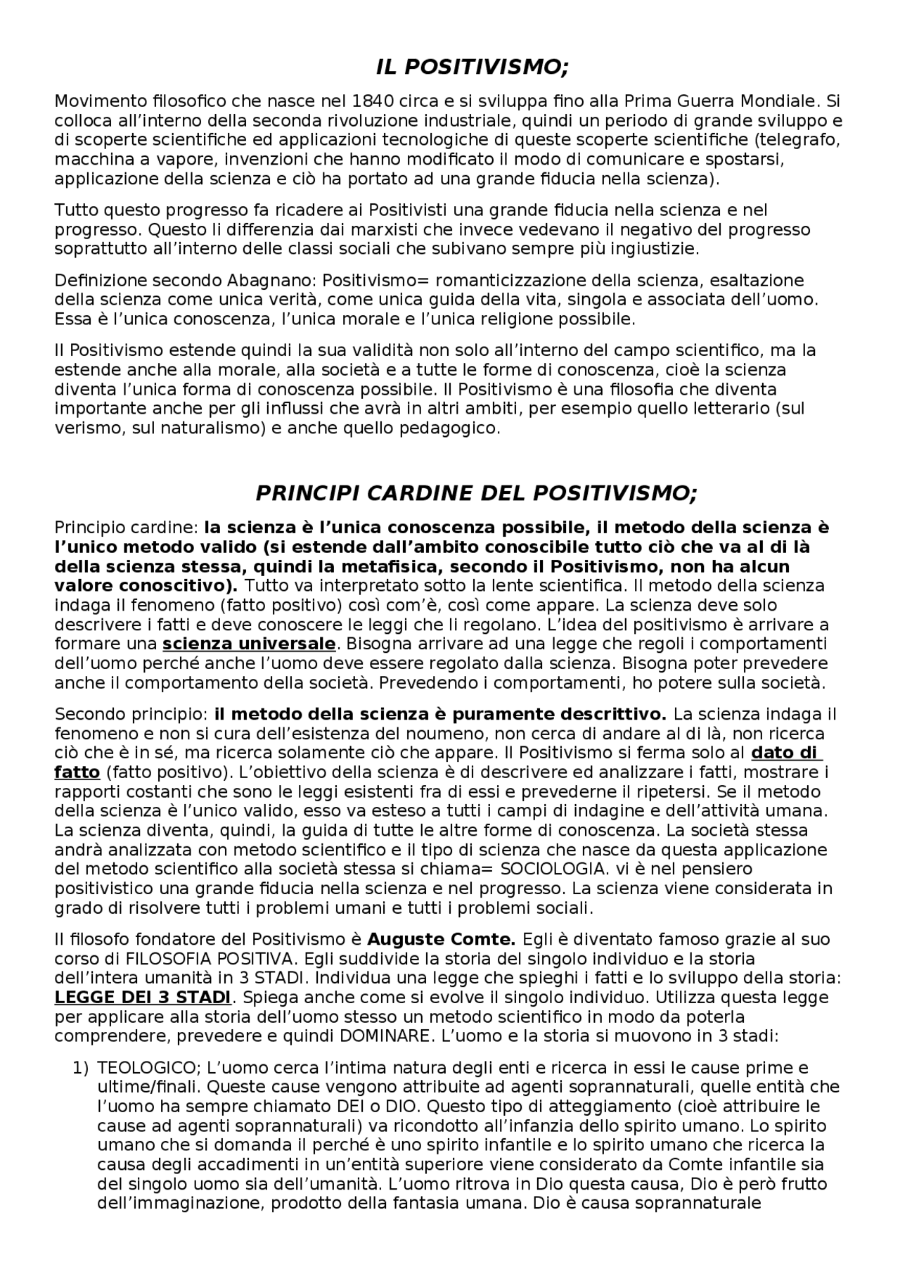 Appunti Positivismo Liceo Quinto Anno Docsity