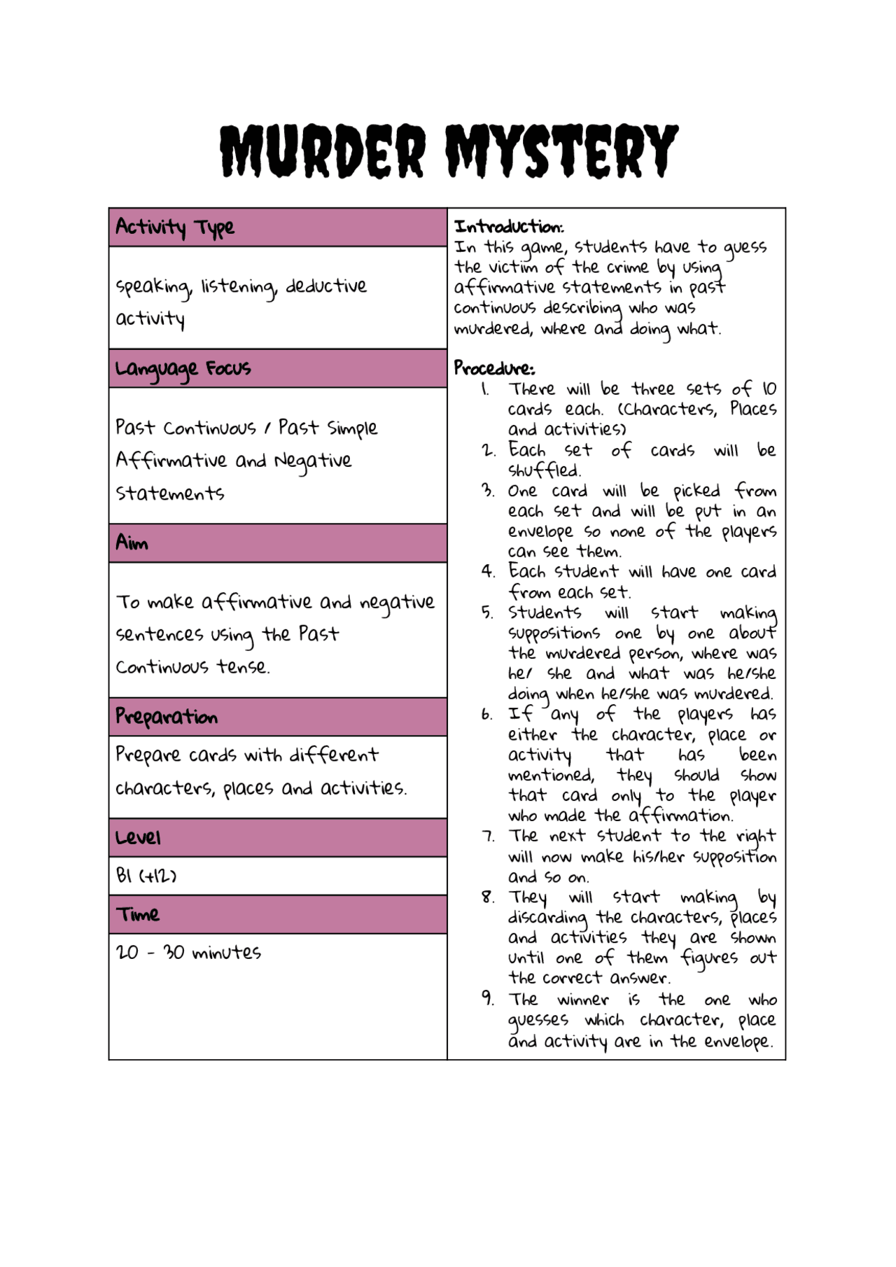 Murder speaking activity - Docsity