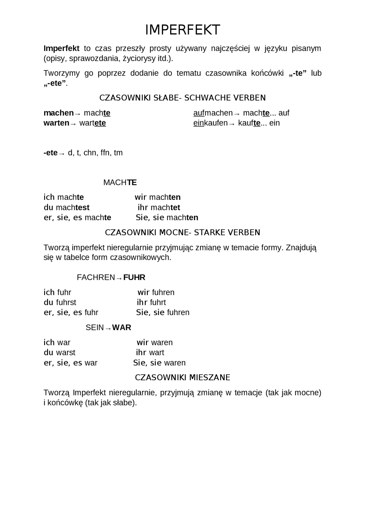 Czas Imperfekt język niemiecki - Docsity