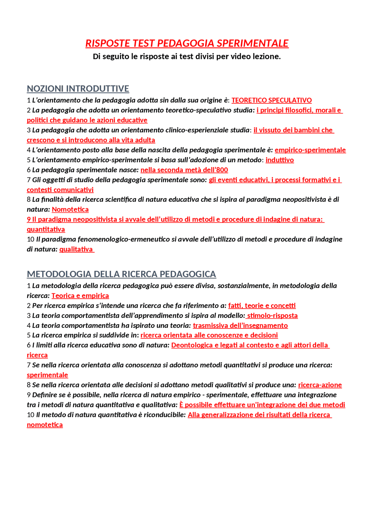 Pedagogia Sperimentale Risposte Docsity
