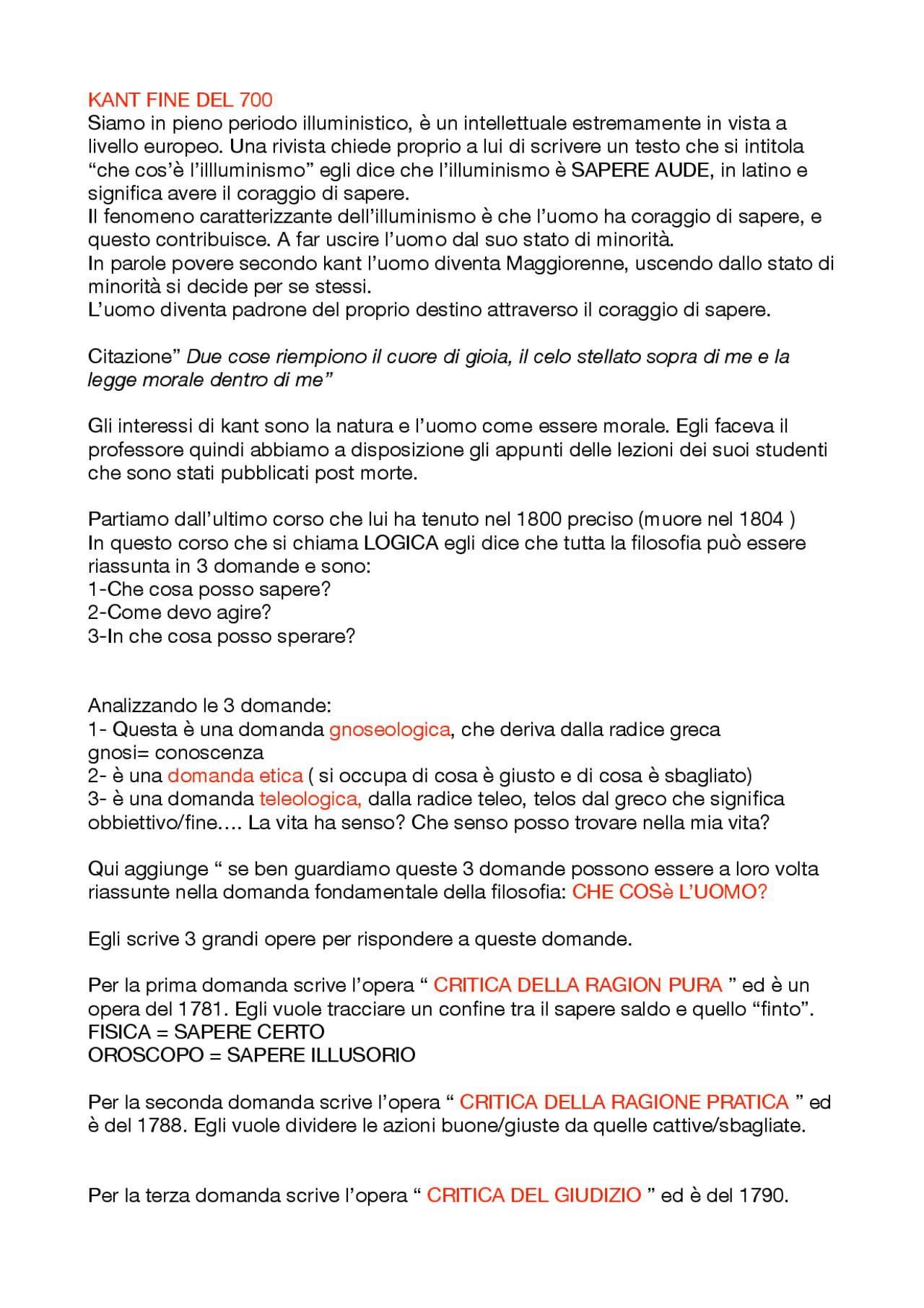 Appunti Su Kant E La Sua Filosofia Docsity