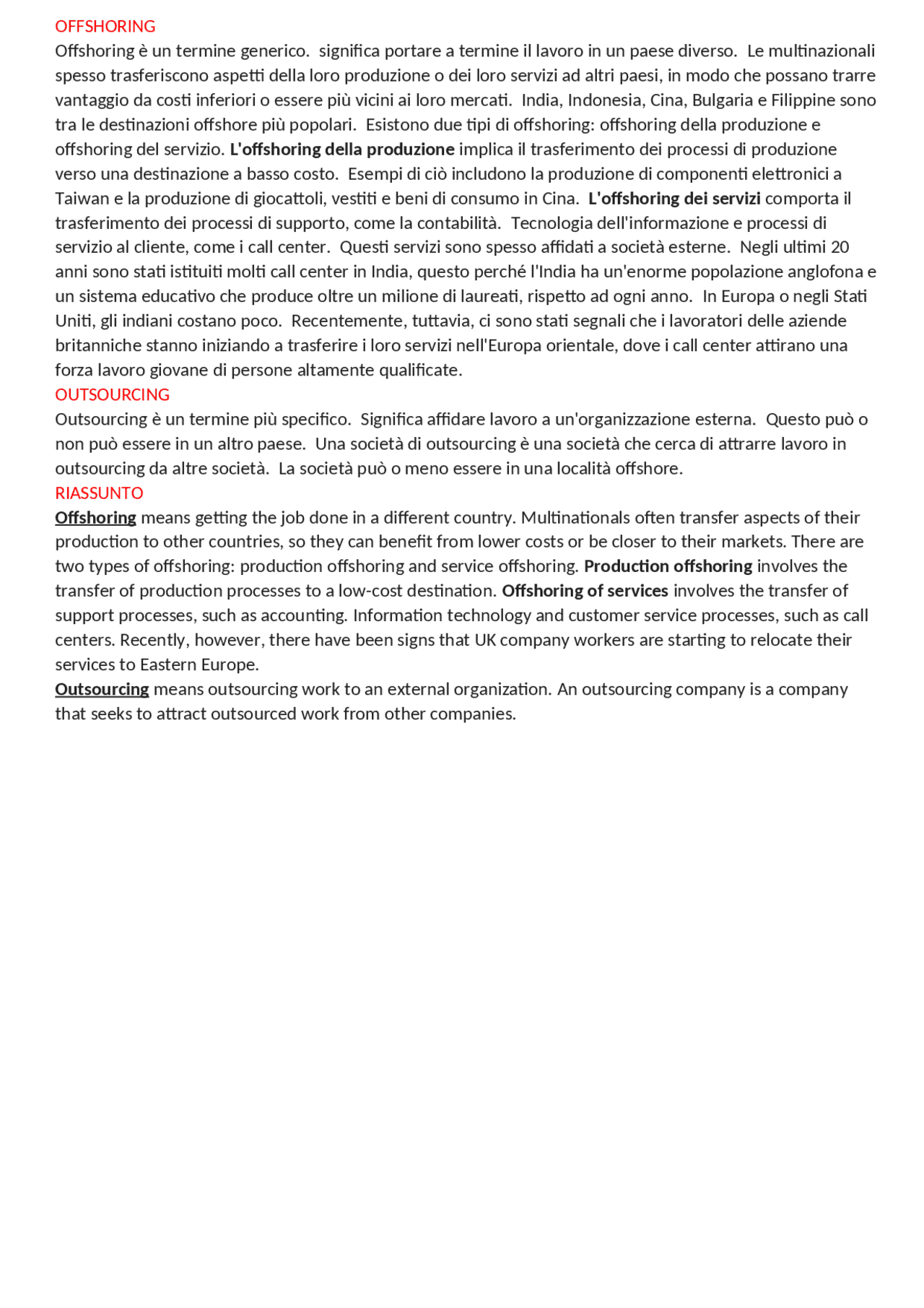 Offshoring Outsourcing Traduzione E Riassunto Docsity