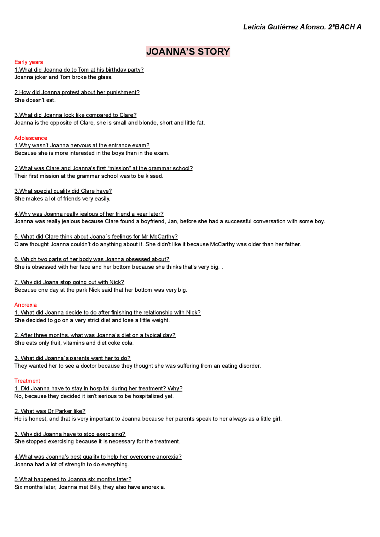 Actividades del capítulo de Joanna´s story - Docsity