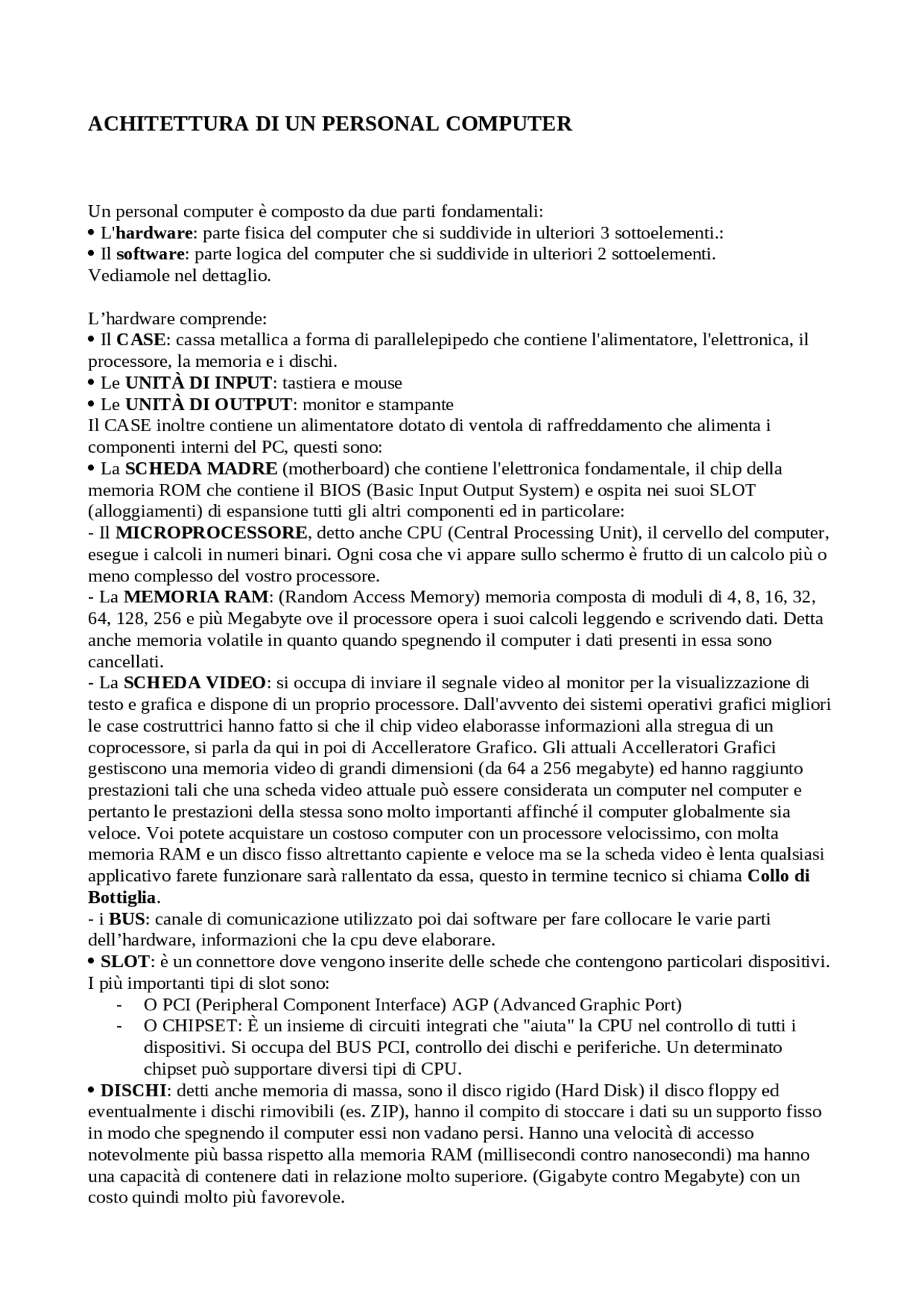 Architettura di un personal computer - Docsity