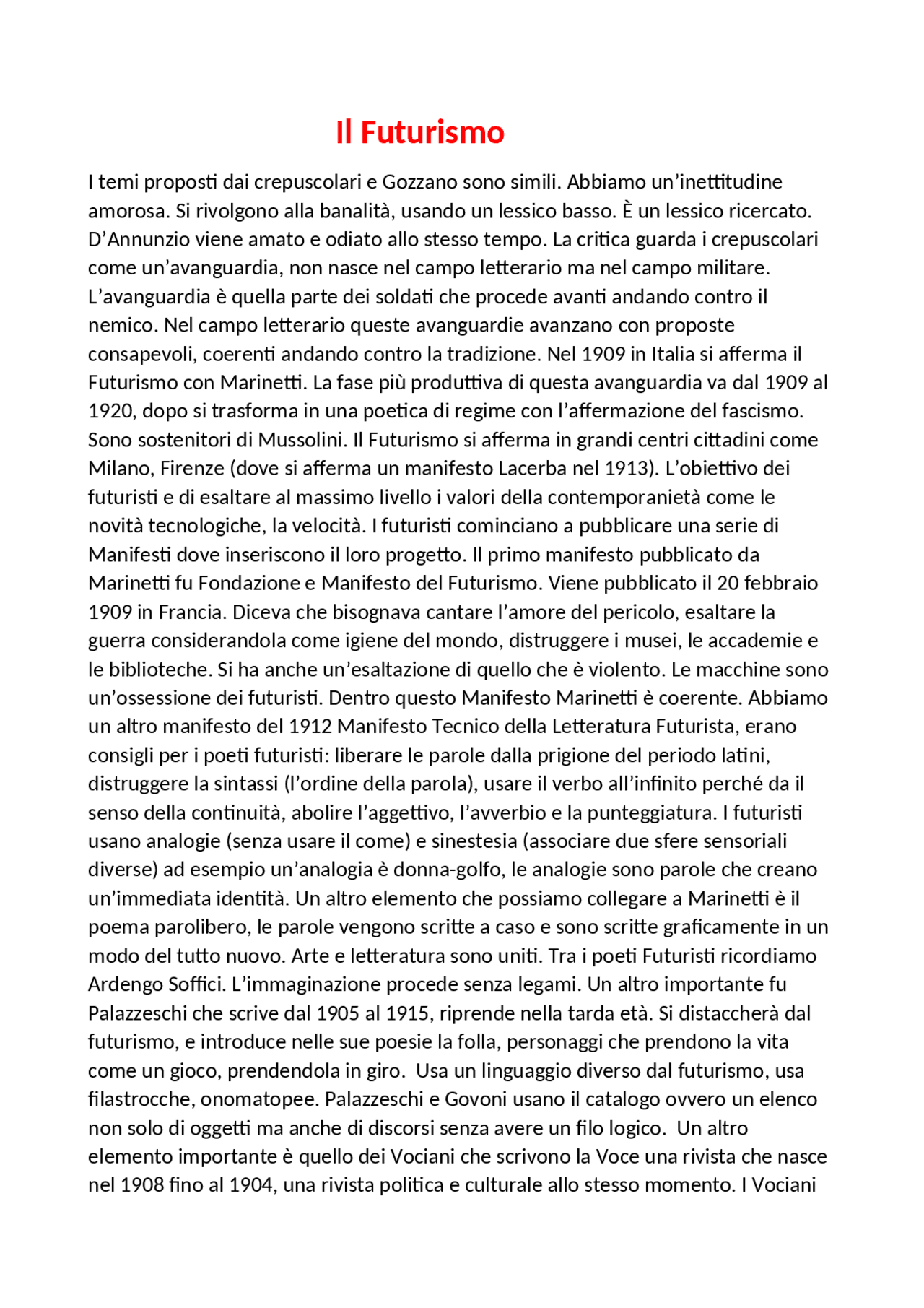 Il Futurismo E I Suoi Temi Docsity