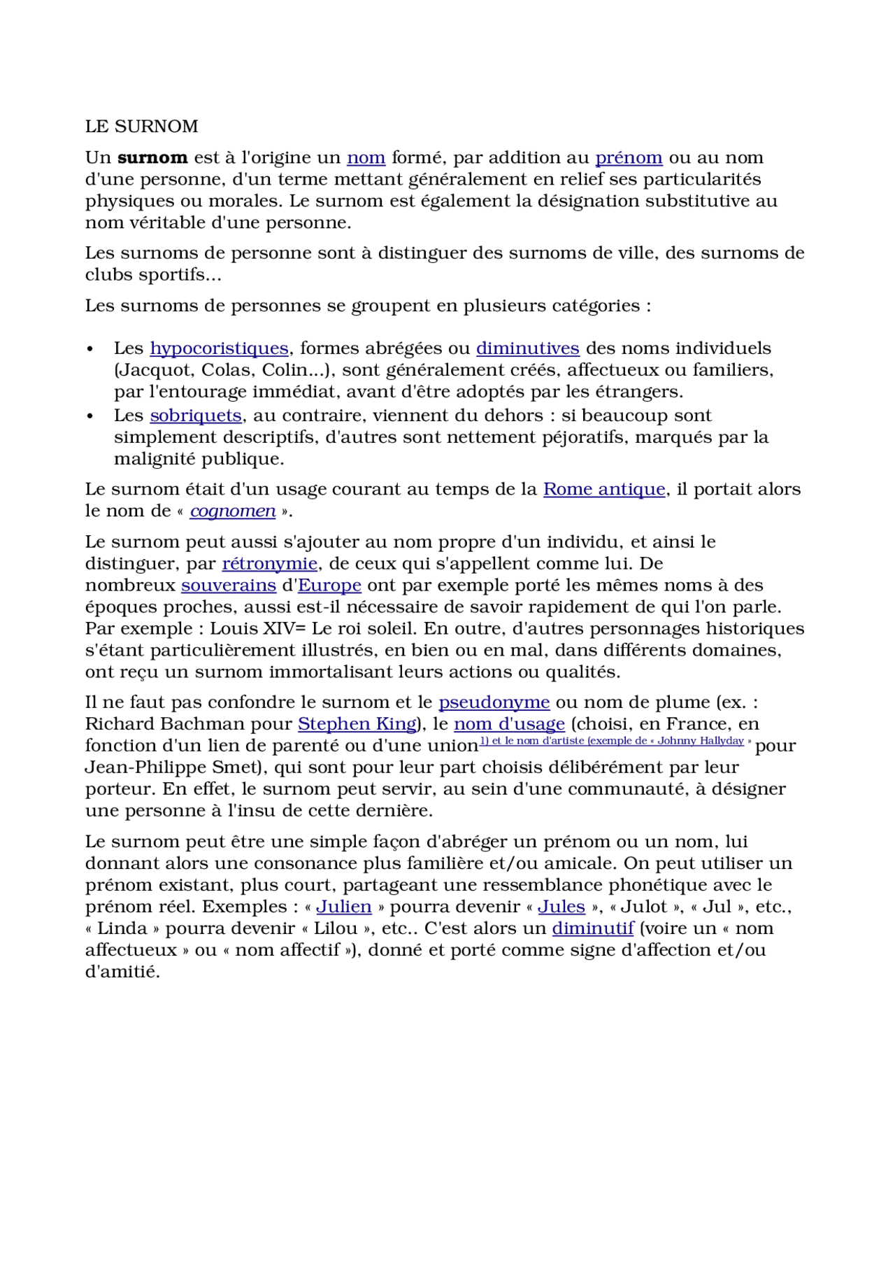LE SURNOM-breve spiegazione - Docsity