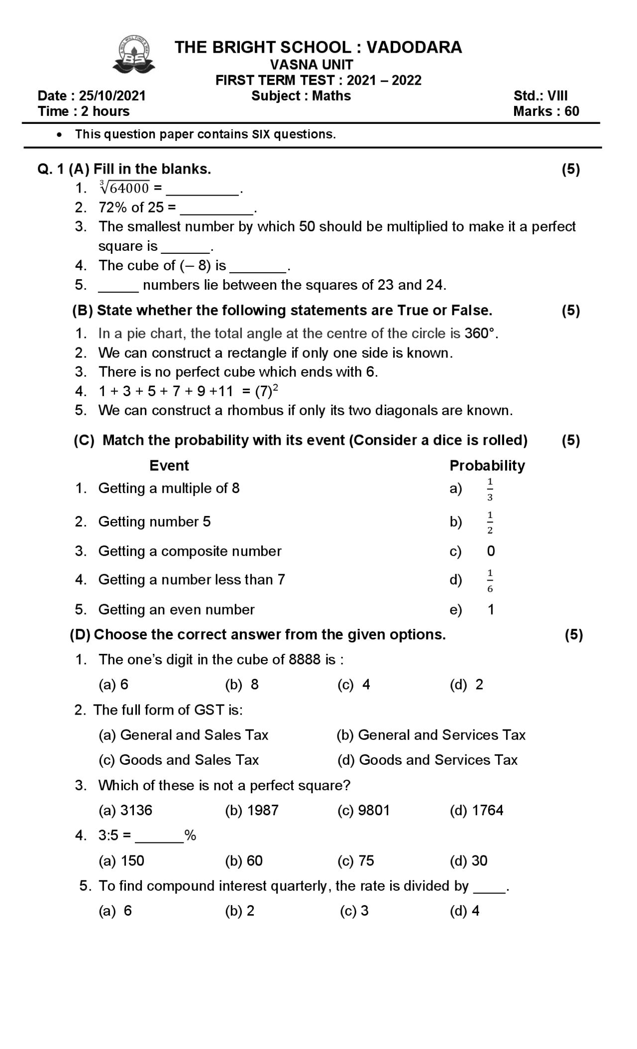 Mathematics Question Paper 2021 Docsity