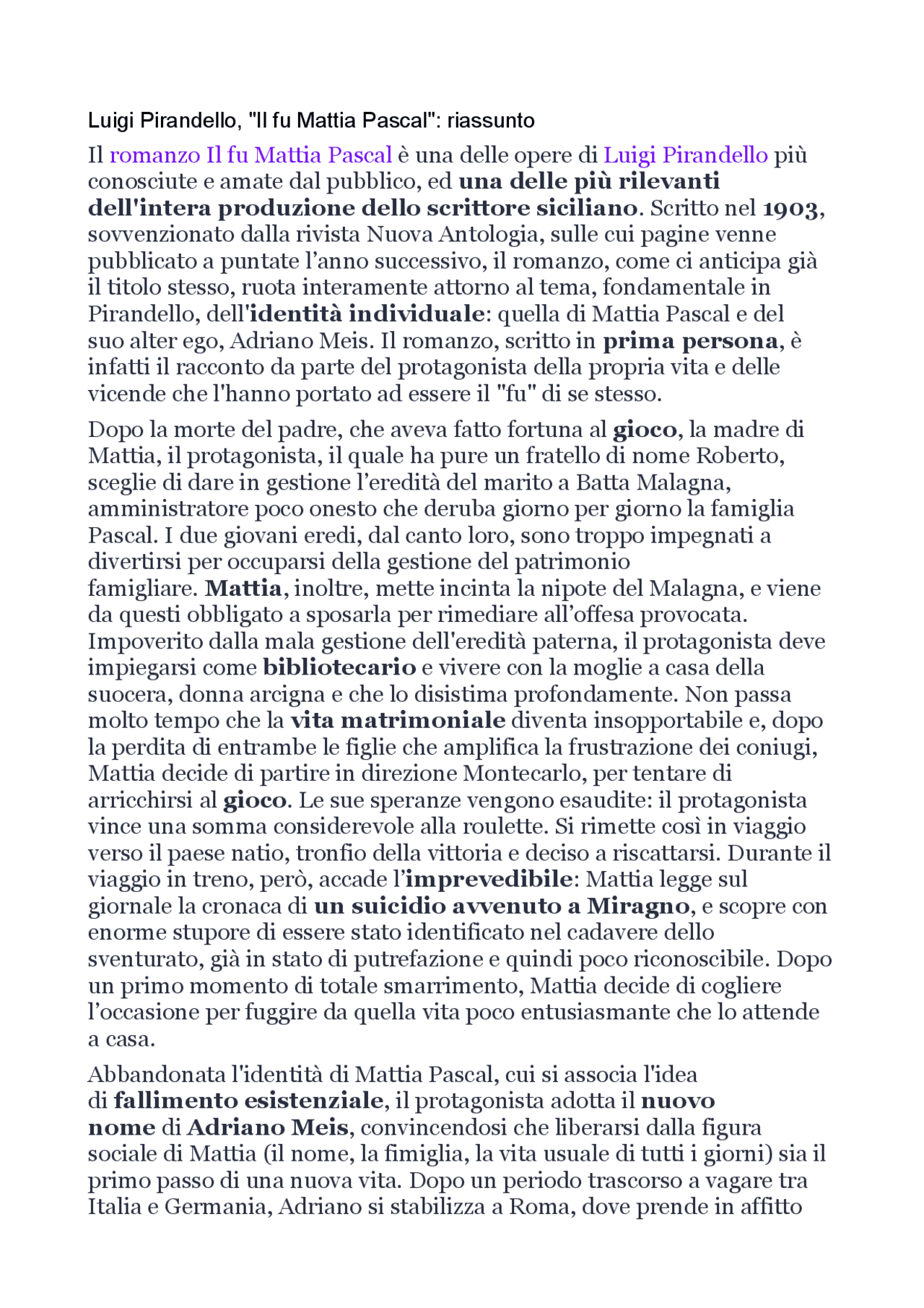 Riassunto Romanzo Fu Mattia Pascal Docsity