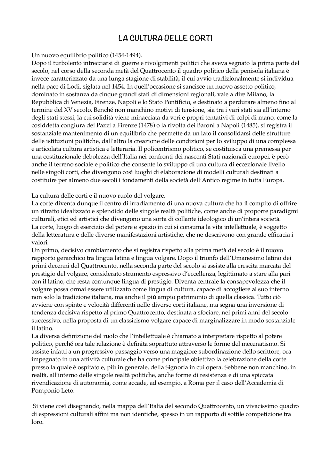 Riassunto La Cultura Delle Corti Docsity
