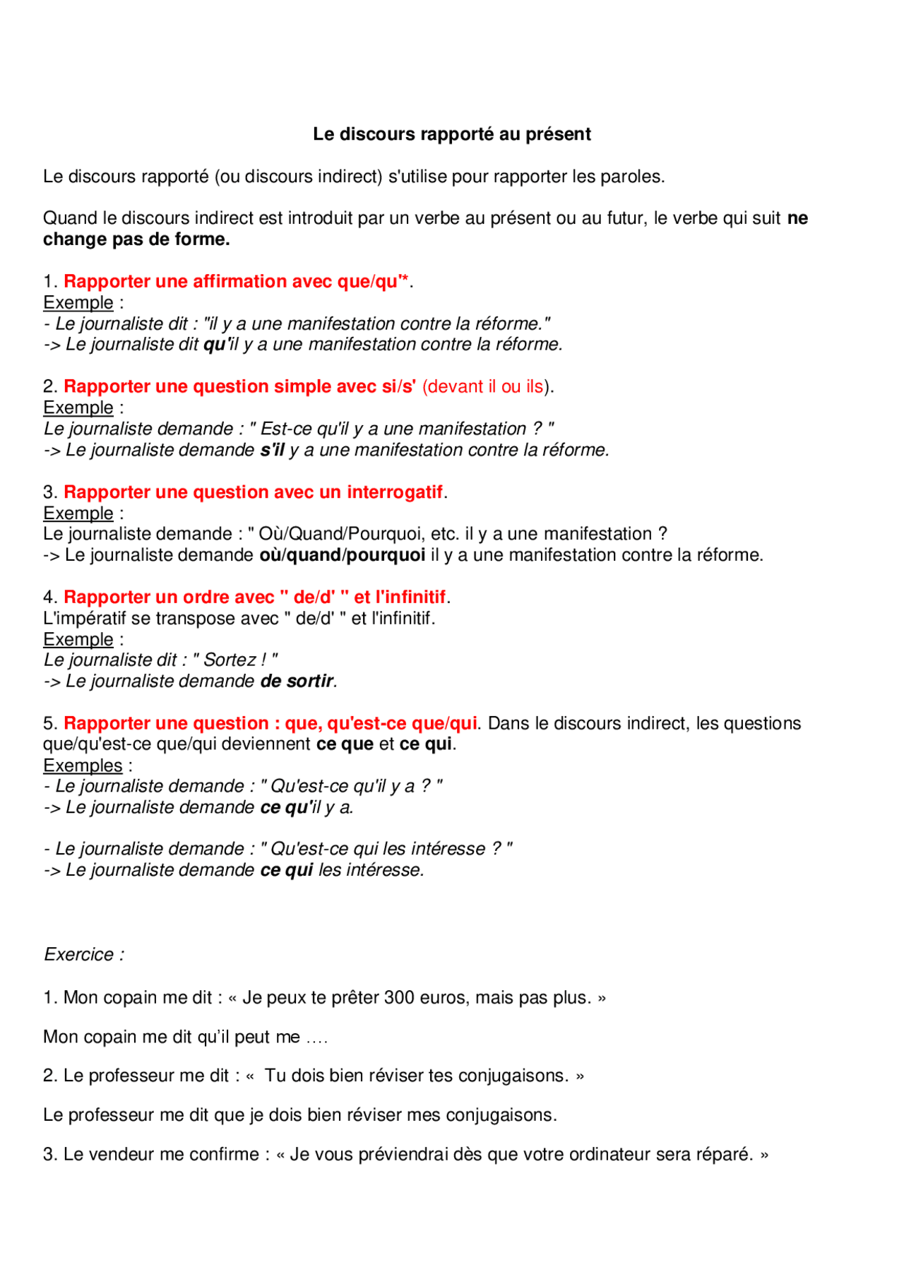 Le discours rapporté au présent - Docsity