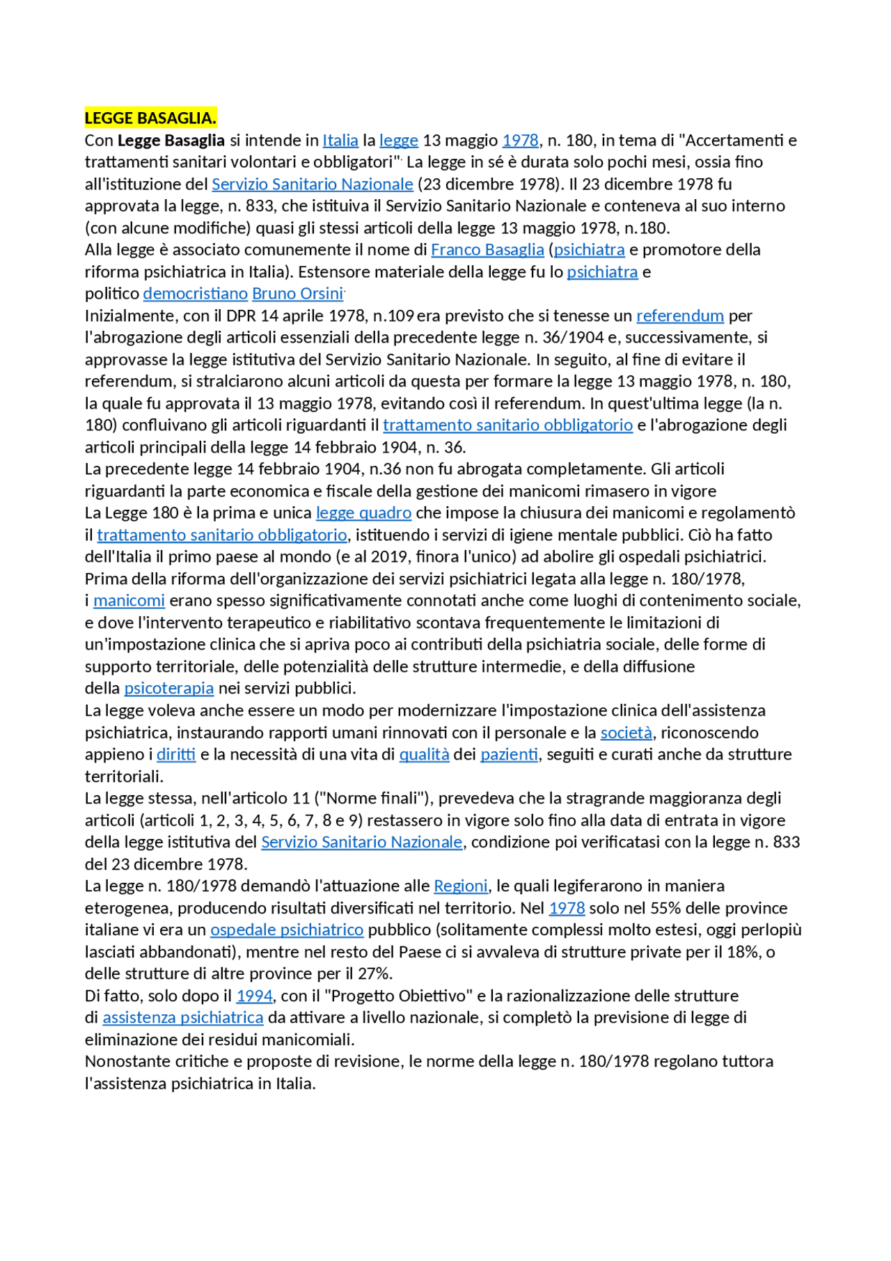 Appunti Legge Basaglia Docsity